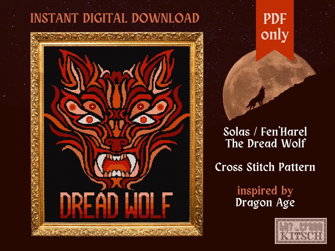 Dread Wolf Cross Stitch Pattern: Dragon Age Solas Embroidery (PDF ...