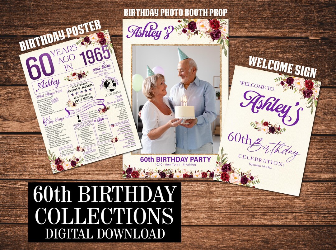 Floral 60th Birthday Poster Set: Photo Booth Prop, Welcome Sign ...