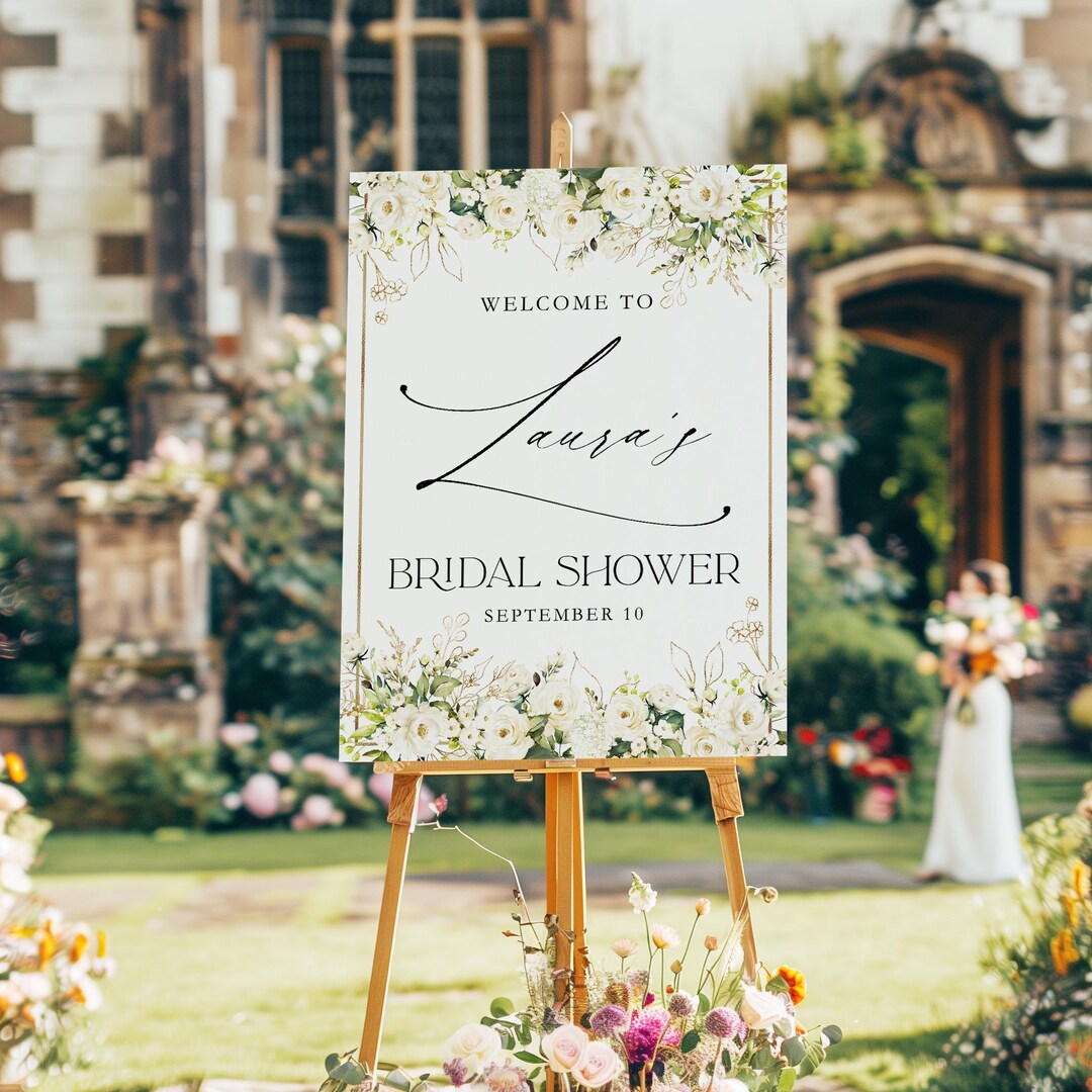 Personalized Bridal Shower Welcome Sign, Gold Frame, White Flowers ...