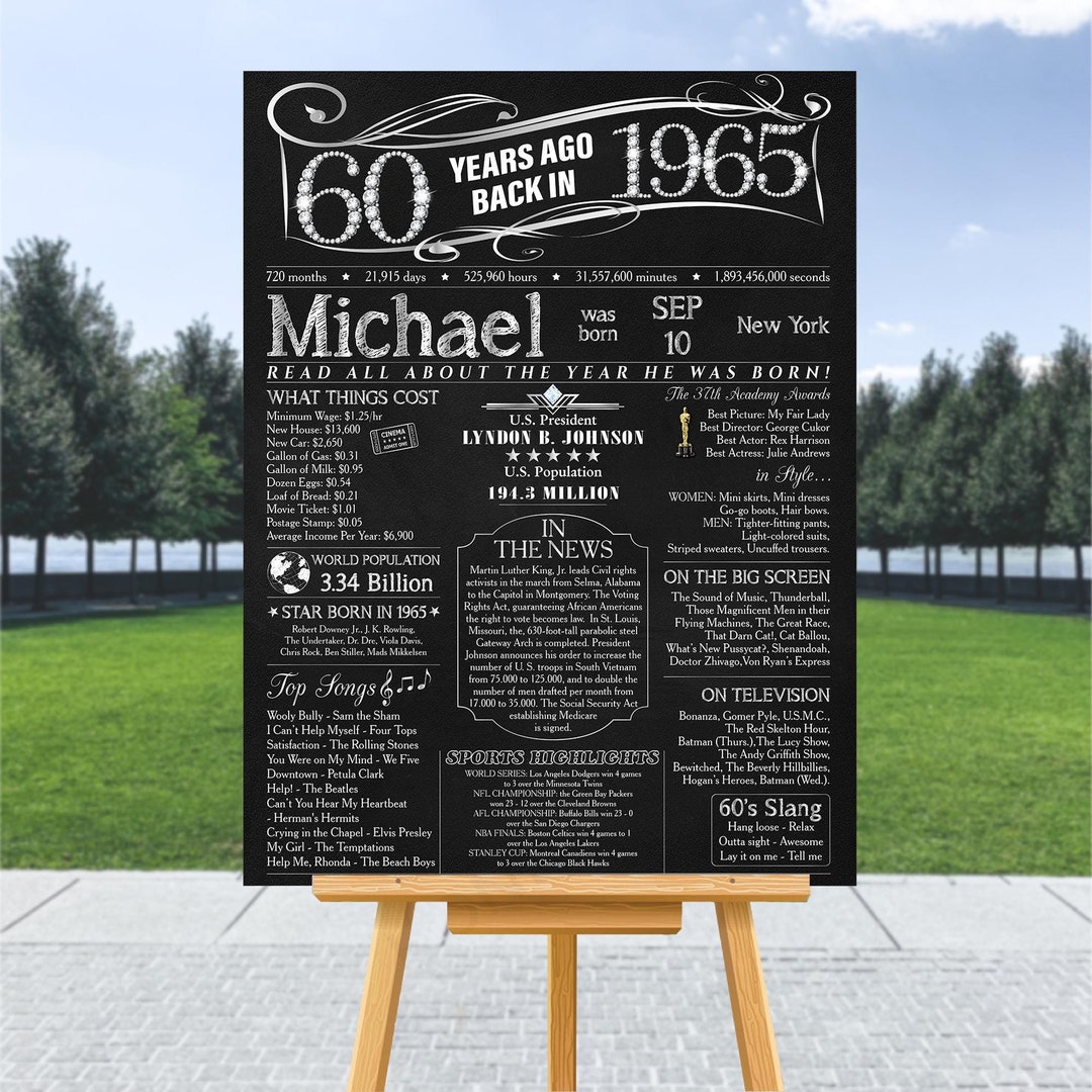 1965 the Year You Were Born, Chalkboard 60th Birthday Poster, 60th ...