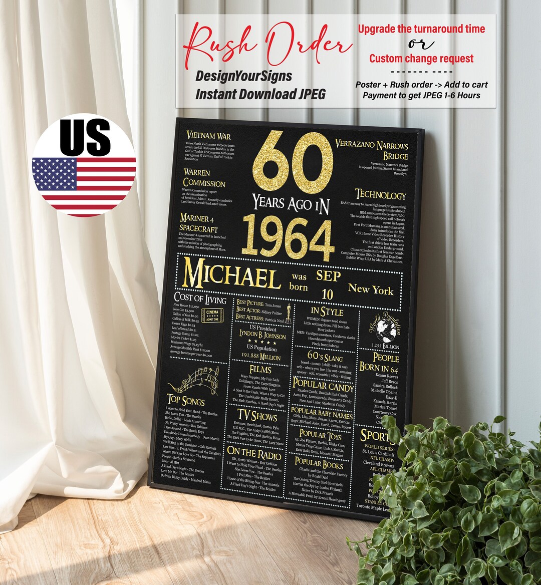 60th Birthday, Back in 1964, 60th Years Ago in 1964, Personalized 60th ...