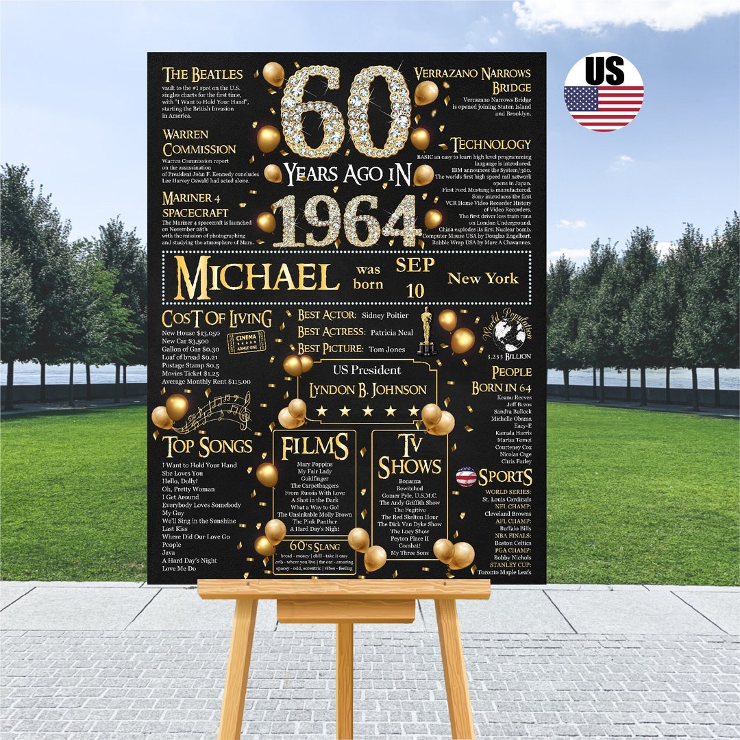 60th Poster Balloon, 60th Birthday in 1964, 60th Poster Black and Gold ...