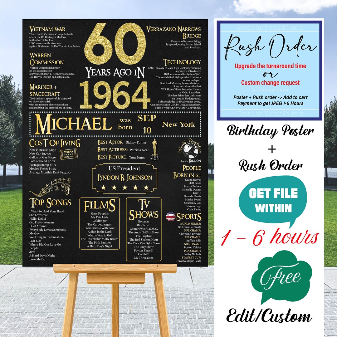60th Poster With Photo, Back in 1964, 60th Birthday, Personalized 60th ...