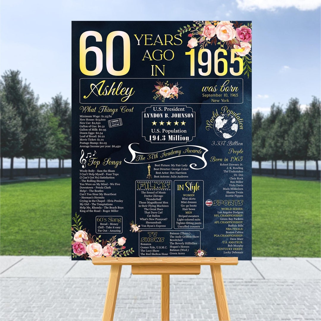 1965 the Year You Were Born, 60th Poster, Floral 60th Birthday Poster ...
