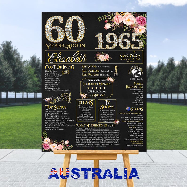1965 Australia 60th Birthday Poster: Personalized Floral Design ...