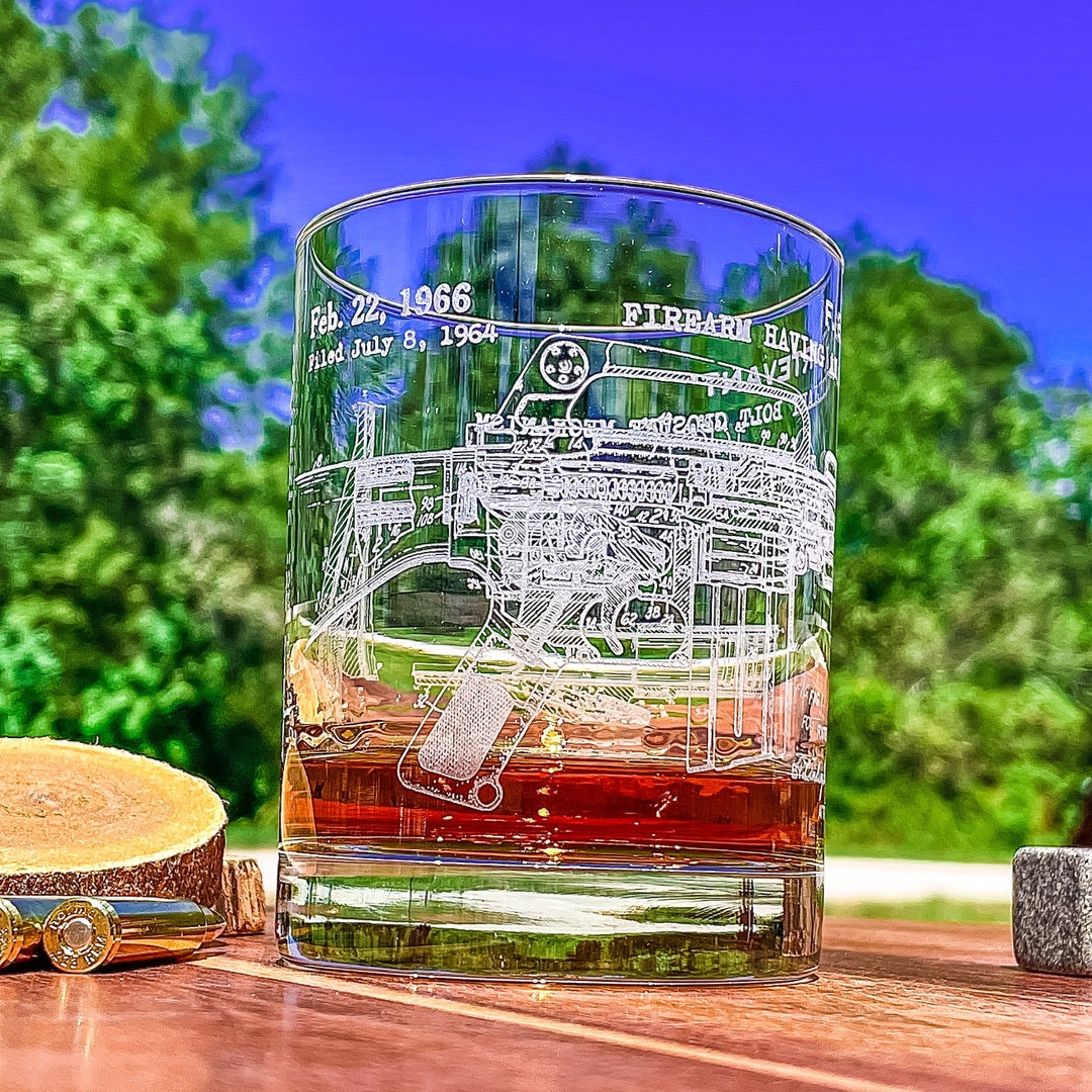 Vintage M16 Patent / 360 Degree Wrap Engraved / Round Whiskey Glass ...