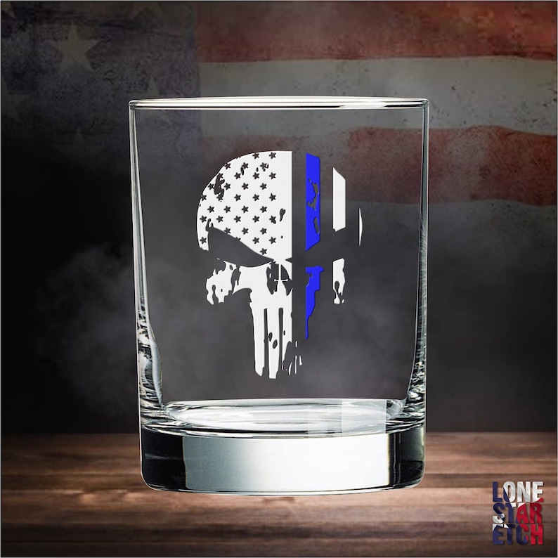 Thin Blue Line Skull American Flag / Engraved Single Glass / - Etsy