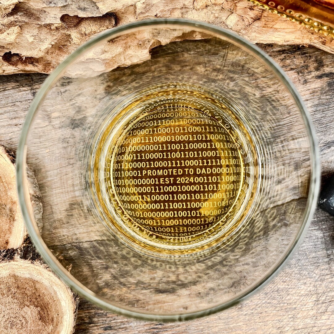 Promoted to DAD Binary Code Hidden Message Whiskey Glass / Secret ...
