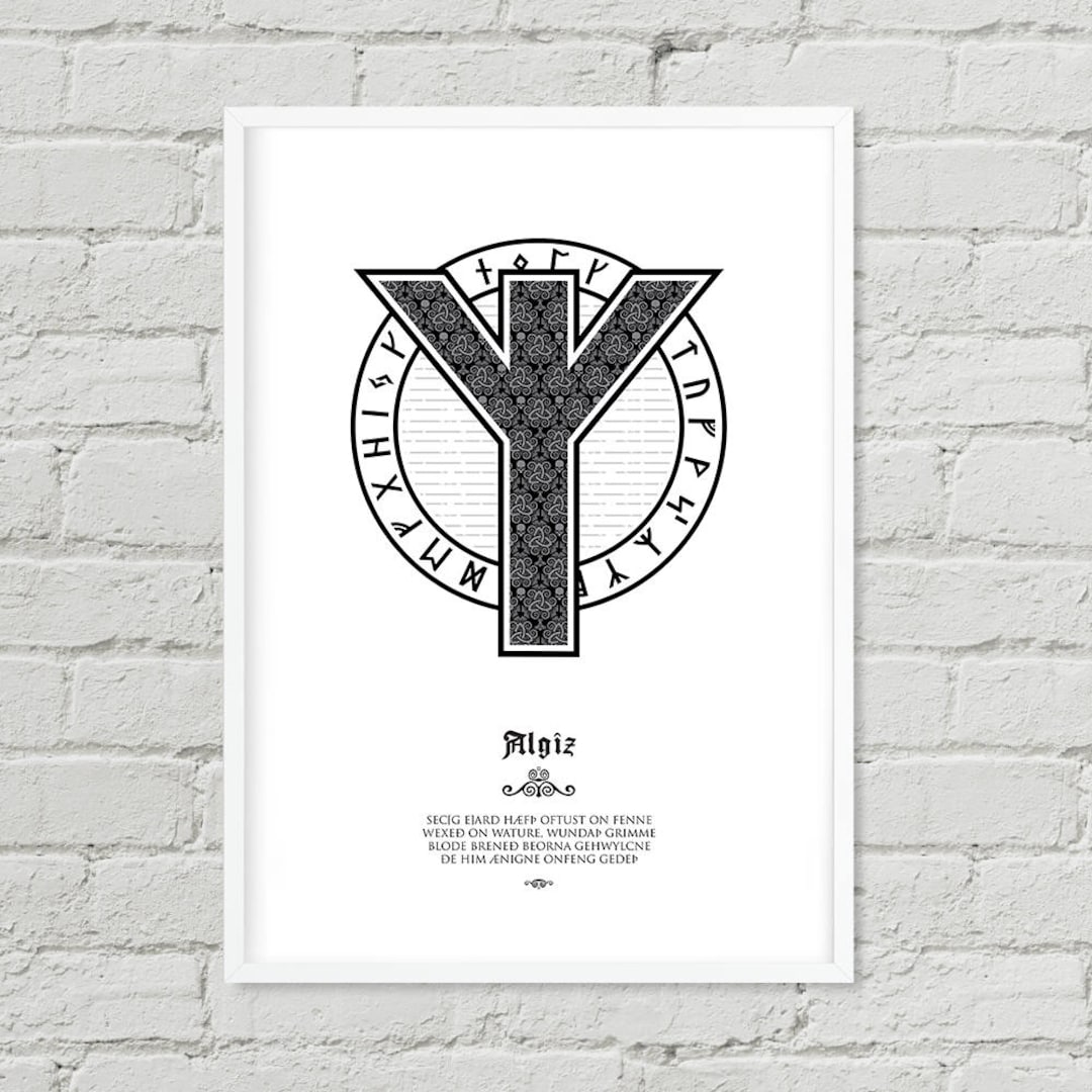 Algiz, Rune Wall Art, Black and White Art, Digital Print, Poster, Art ...