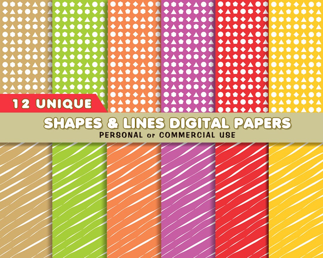 Assorted Shapes & Line Digital Papers Set, 12 Paper Craft Designs ...