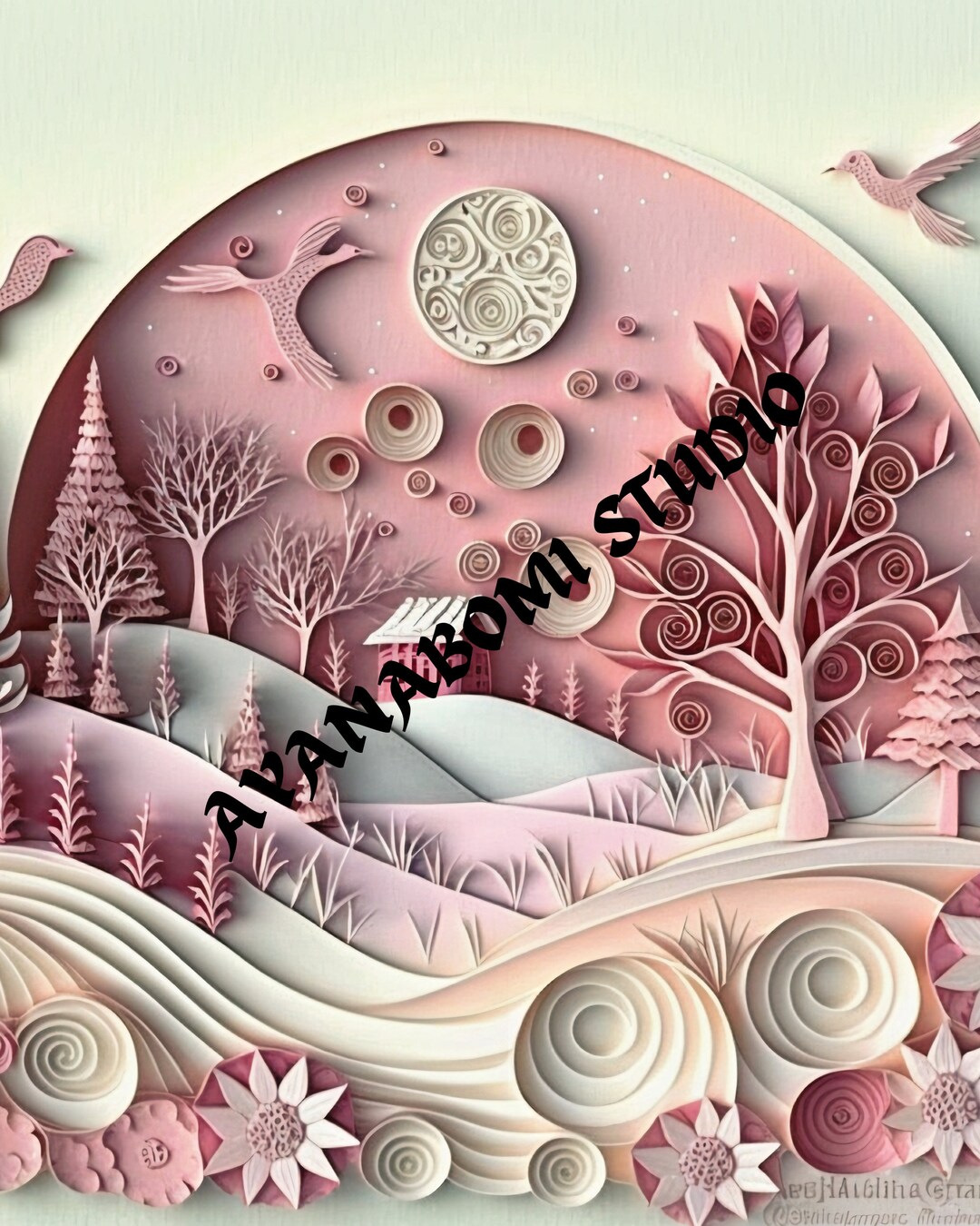 Winter Quilling Digital , Pastel Pink Christmas Scene, Quilling, Winter ...