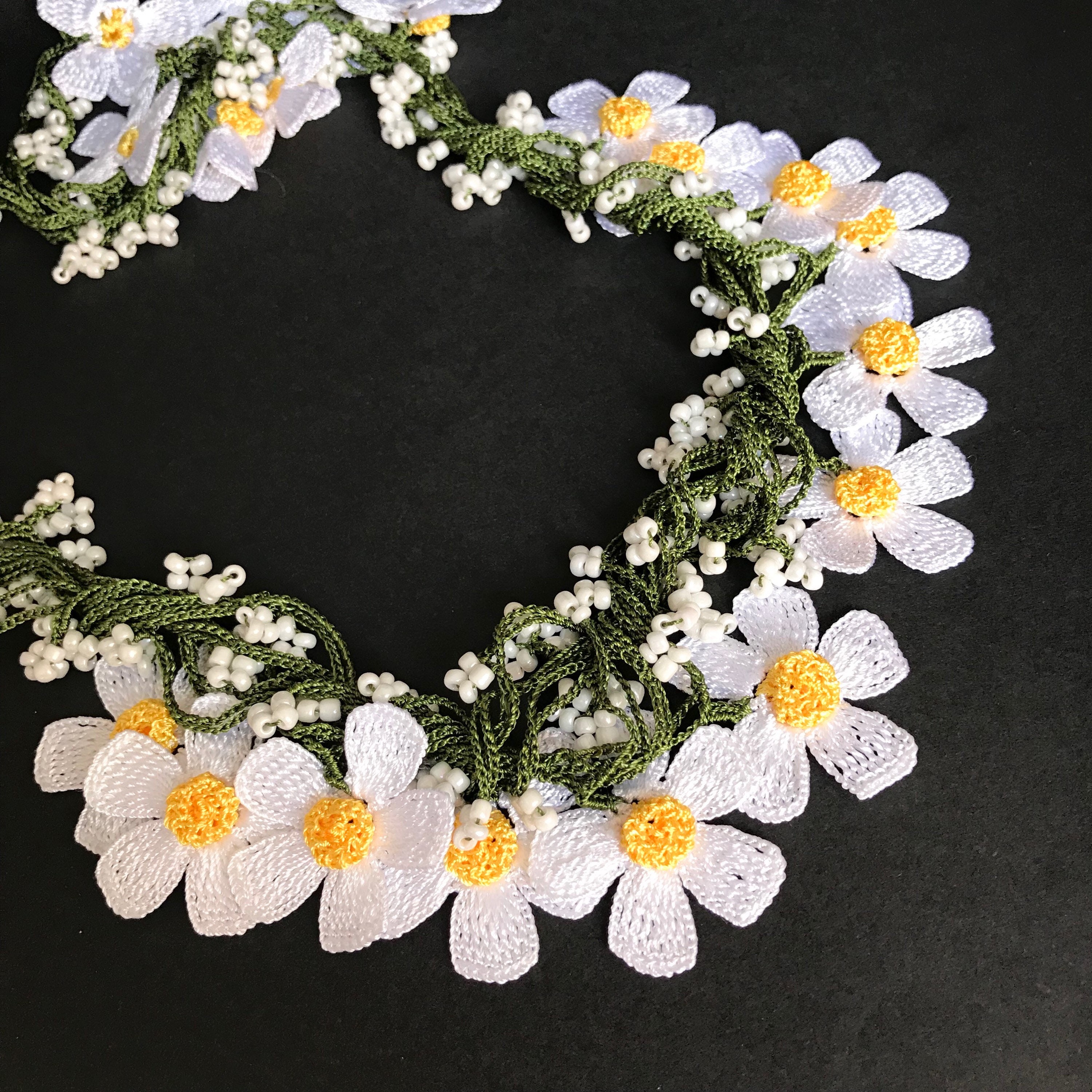 White Daisy Flower Crochet Necklace, Turkish Belt, Summer Pendant ...