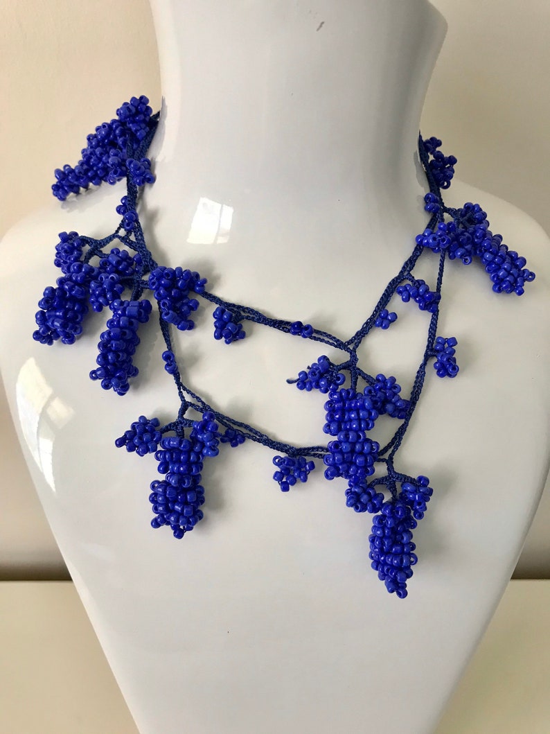 Sax Blue Short Beaded Boho Crochet Necklace Crochet Pendant - Etsy