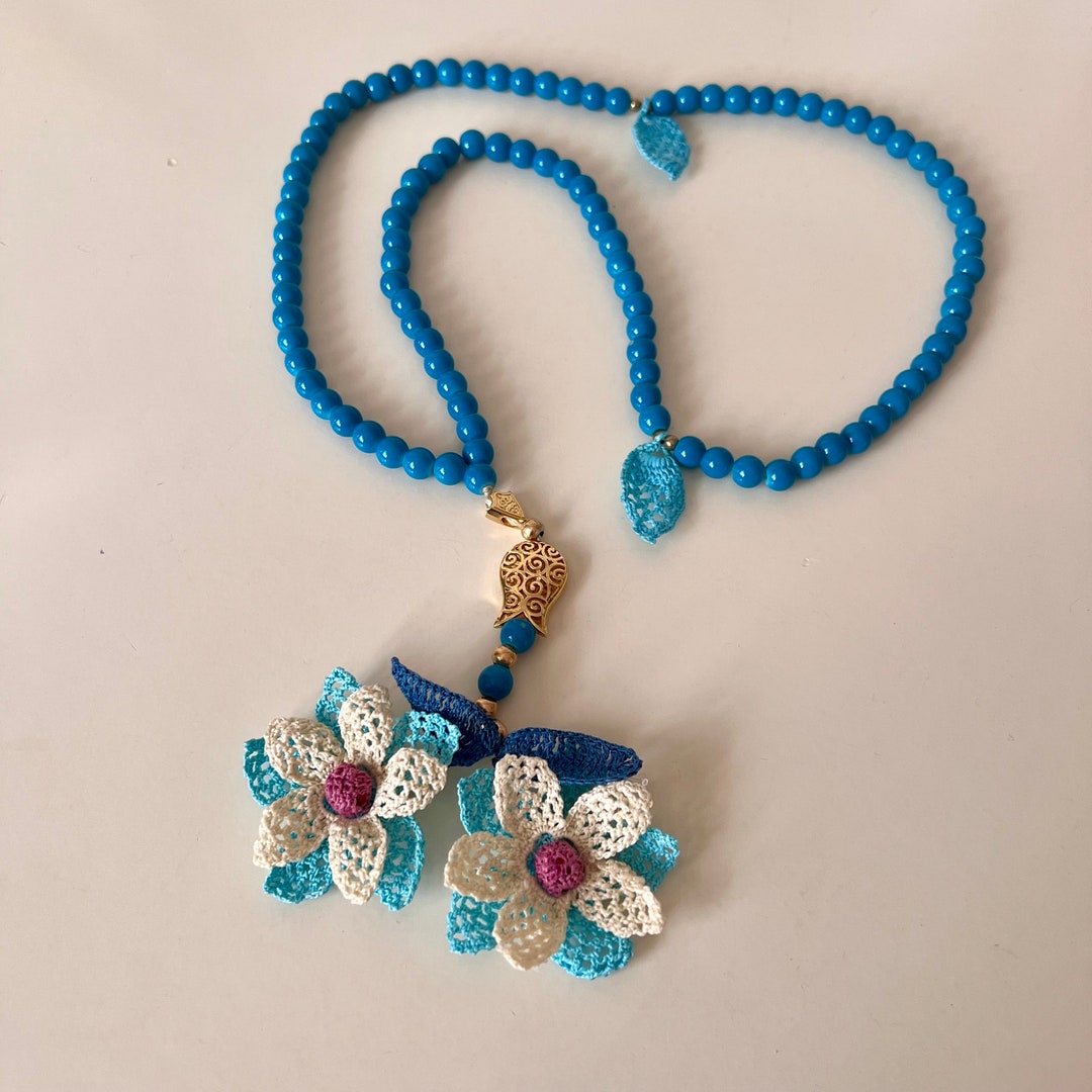 Blue Glass Islamic Prayer Beads, Crochet Flower Rosary, Muslim Tasbih ...