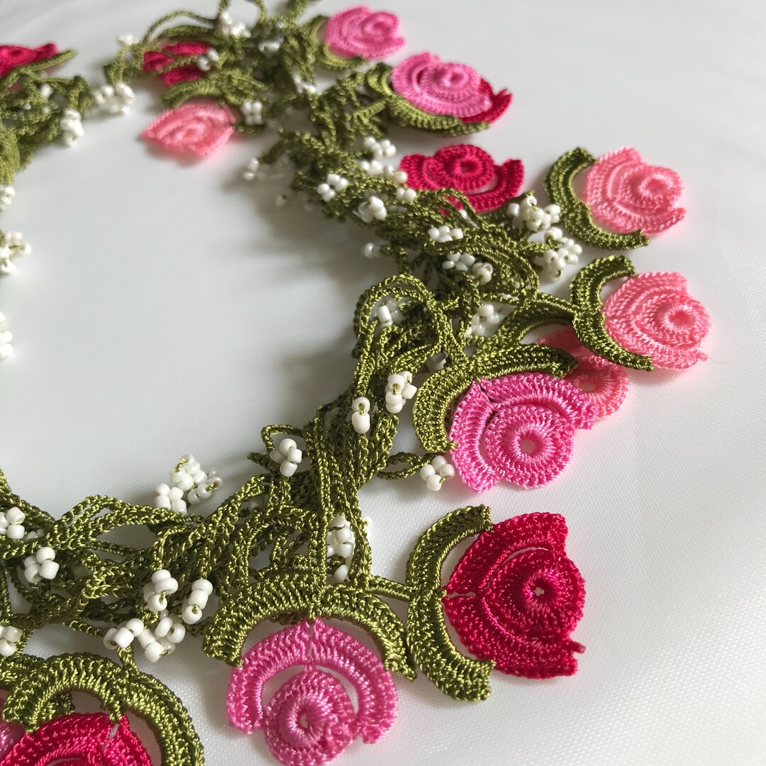 Pink Flower Crochet Necklace, Seed Bead Boho Belt, Hair Piece ...
