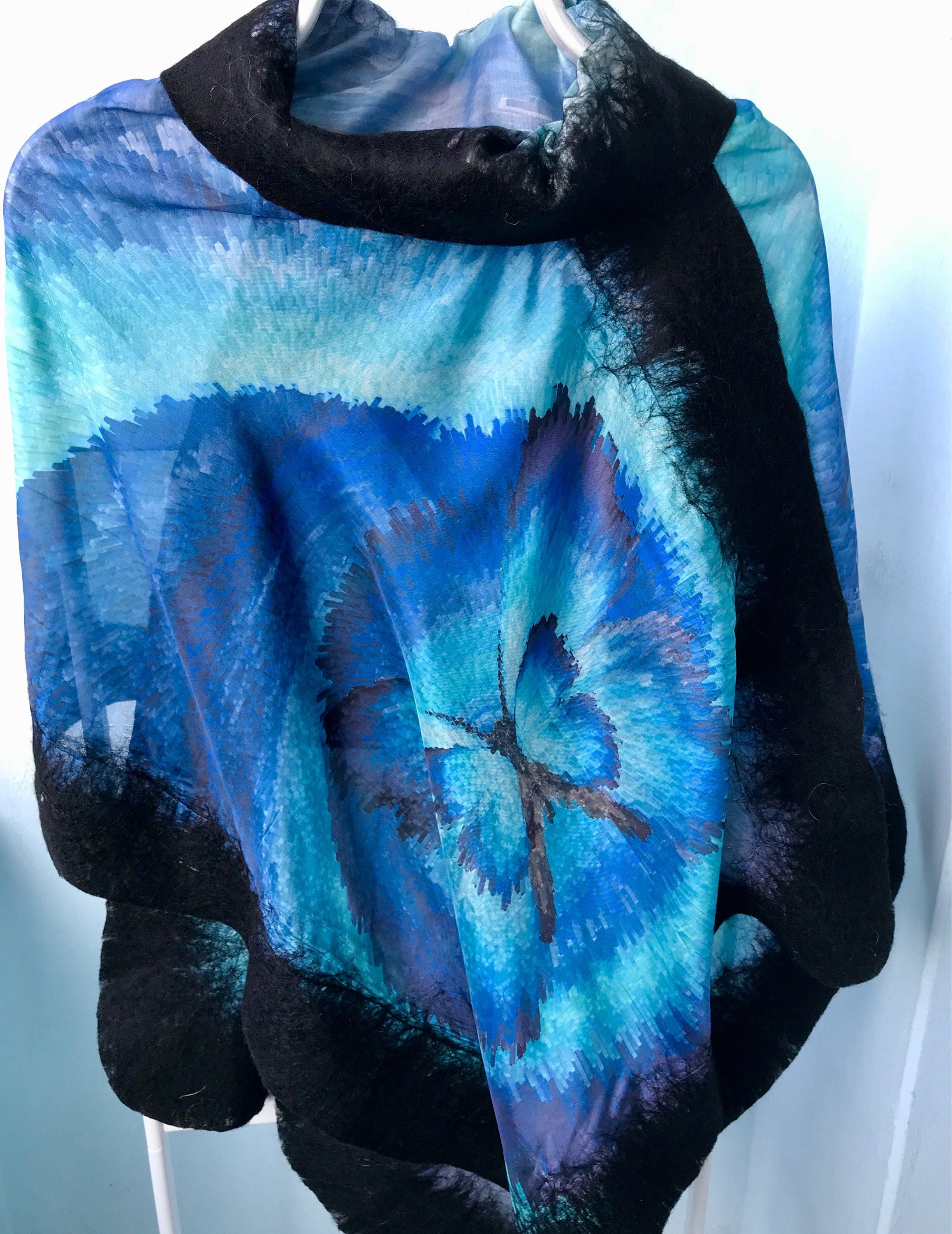 Women Nuno Felted Shawl, Butterfly Printing Scarf, Polyester Satin ...