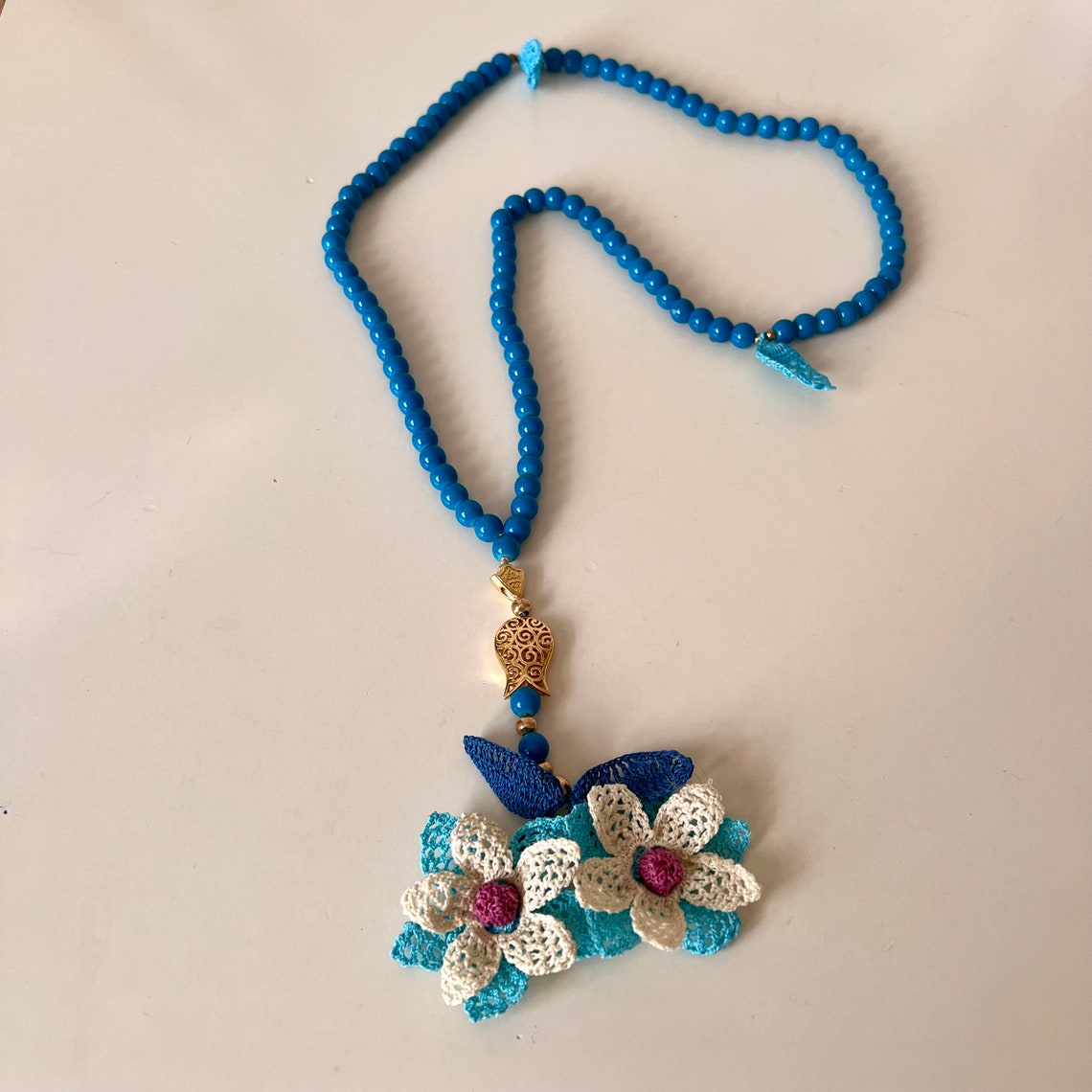 Blue Glass Islamic Prayer Beads, Crochet Flower Rosary, Muslim Tasbih ...