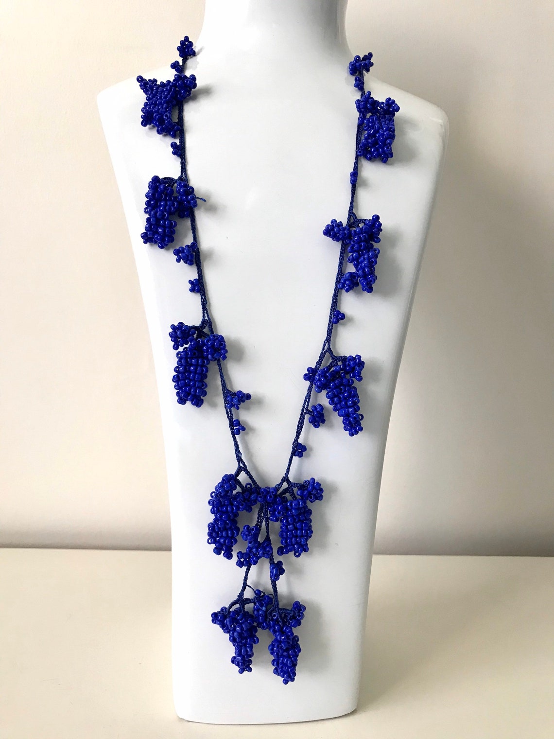 Sax Blue Short Beaded Boho Crochet Necklace Crochet Pendant - Etsy