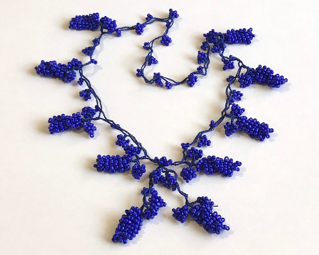 Sax Blue Short Beaded Boho Crochet Necklace Crochet Pendant - Etsy