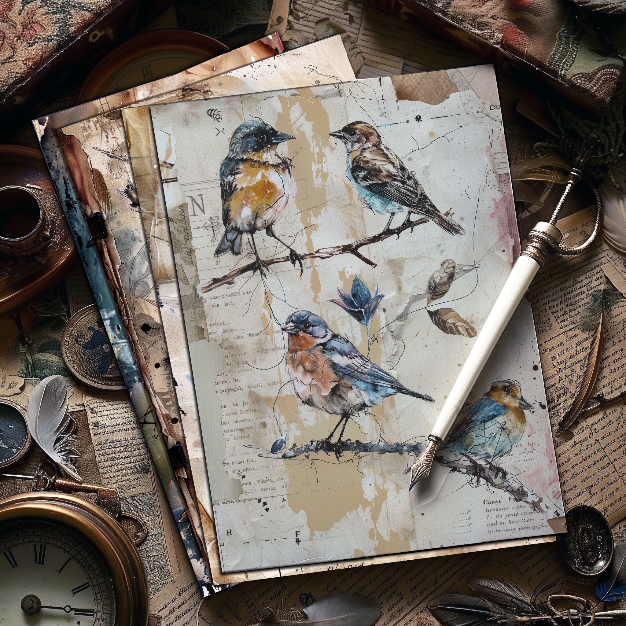 4 Vivid Avian Artwork Digital Sets Colorful Birds on Vintage Papers ...