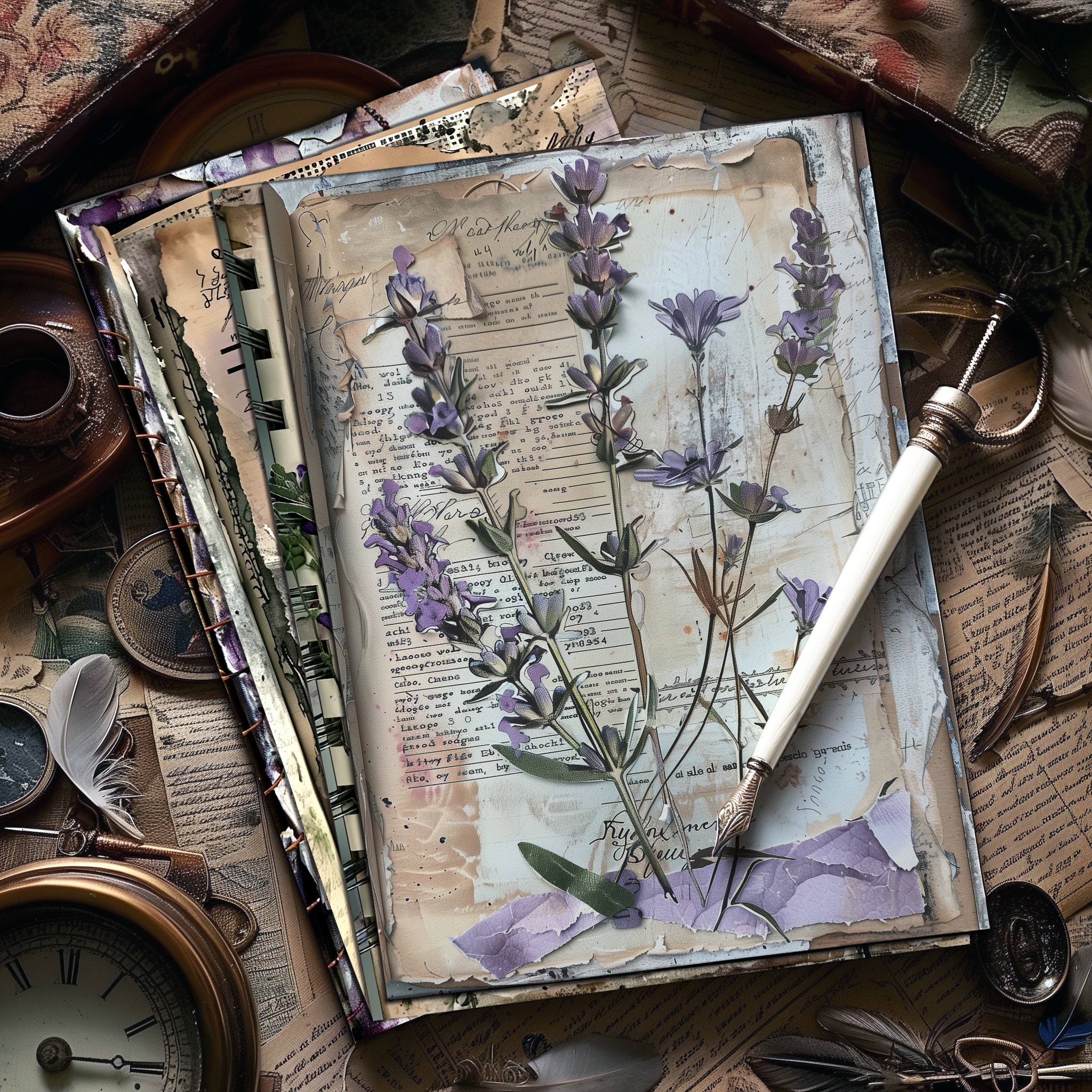 4 Vintage Botanical Pages Junk Journal Digital Kit Unique Rustic Purple ...
