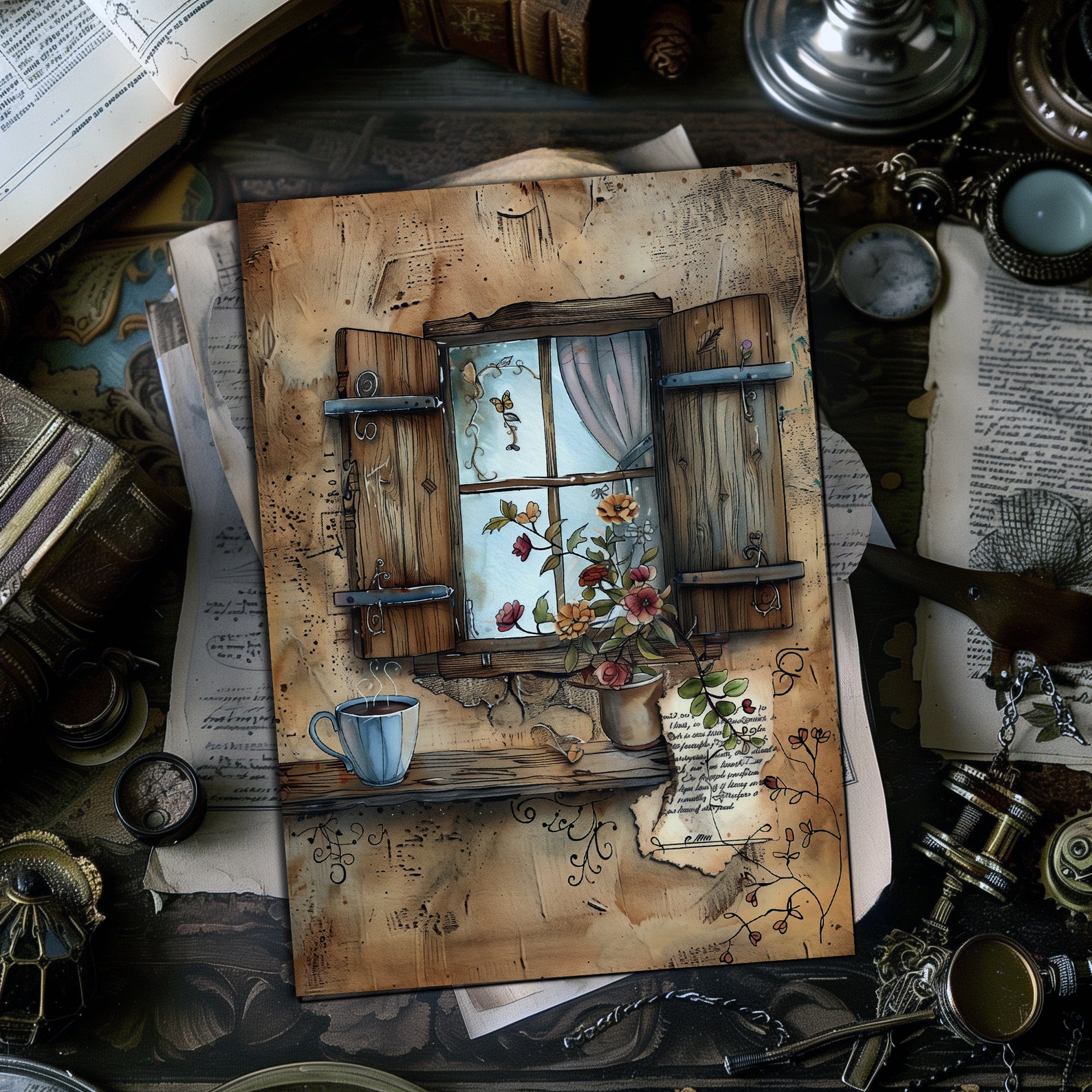 4 Cottage Charm Digital Artworks Floral Window Scene Relaxing Retreat ...