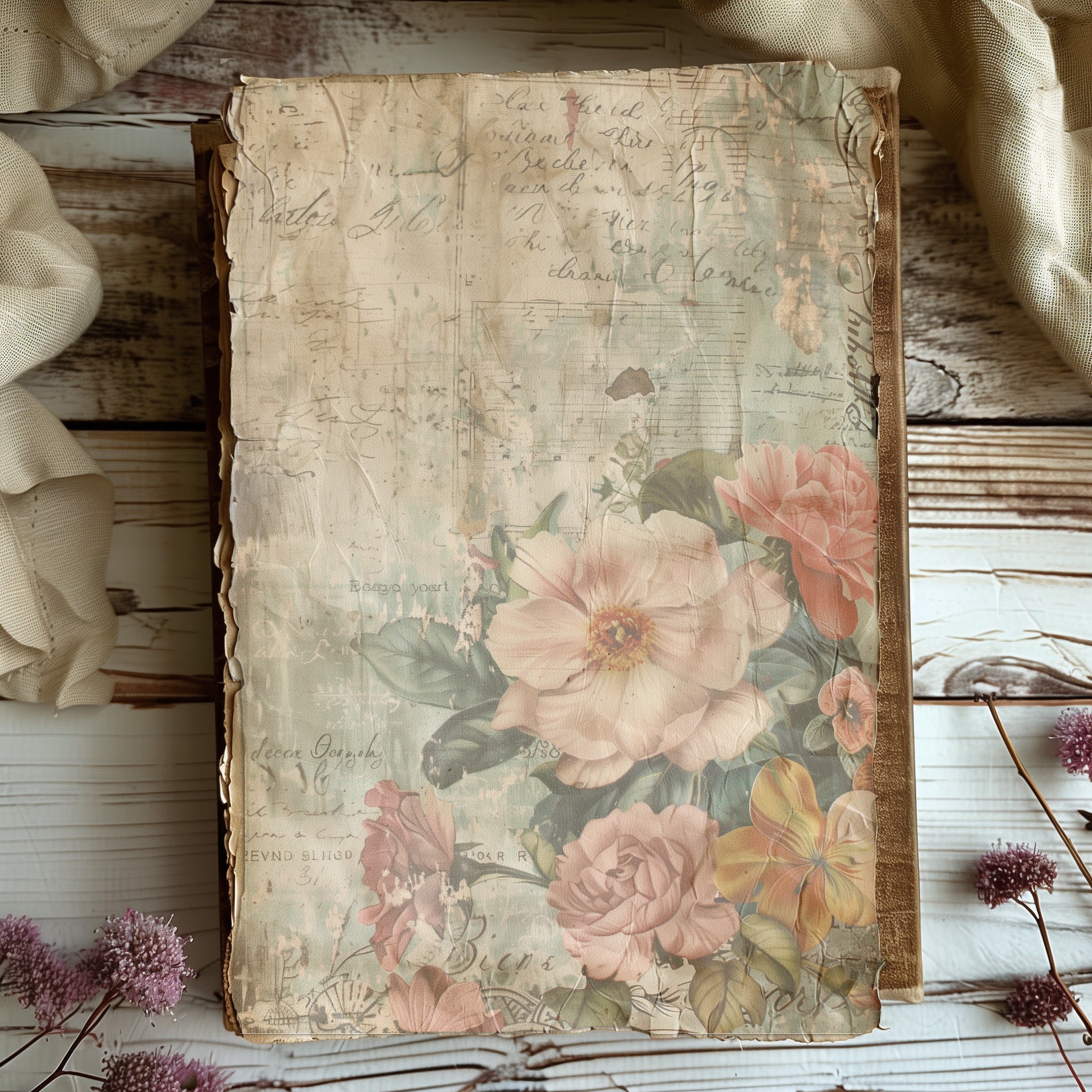 4 Vintage Floral Digital Papers Antique Script Background Junk Journal ...