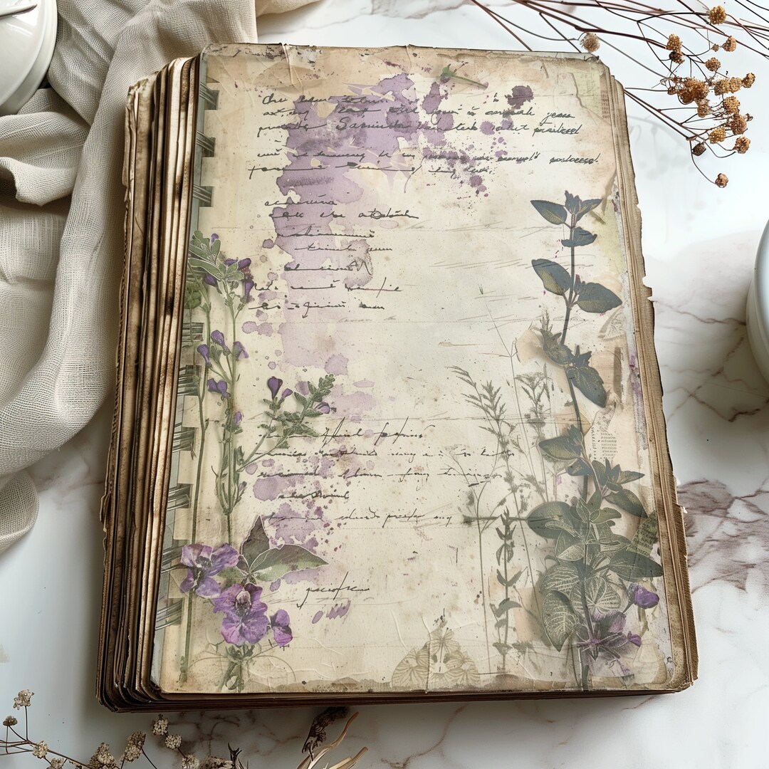 4 Vintage Botanical Pages Junk Journal Digital Kit Unique Rustic Purple ...
