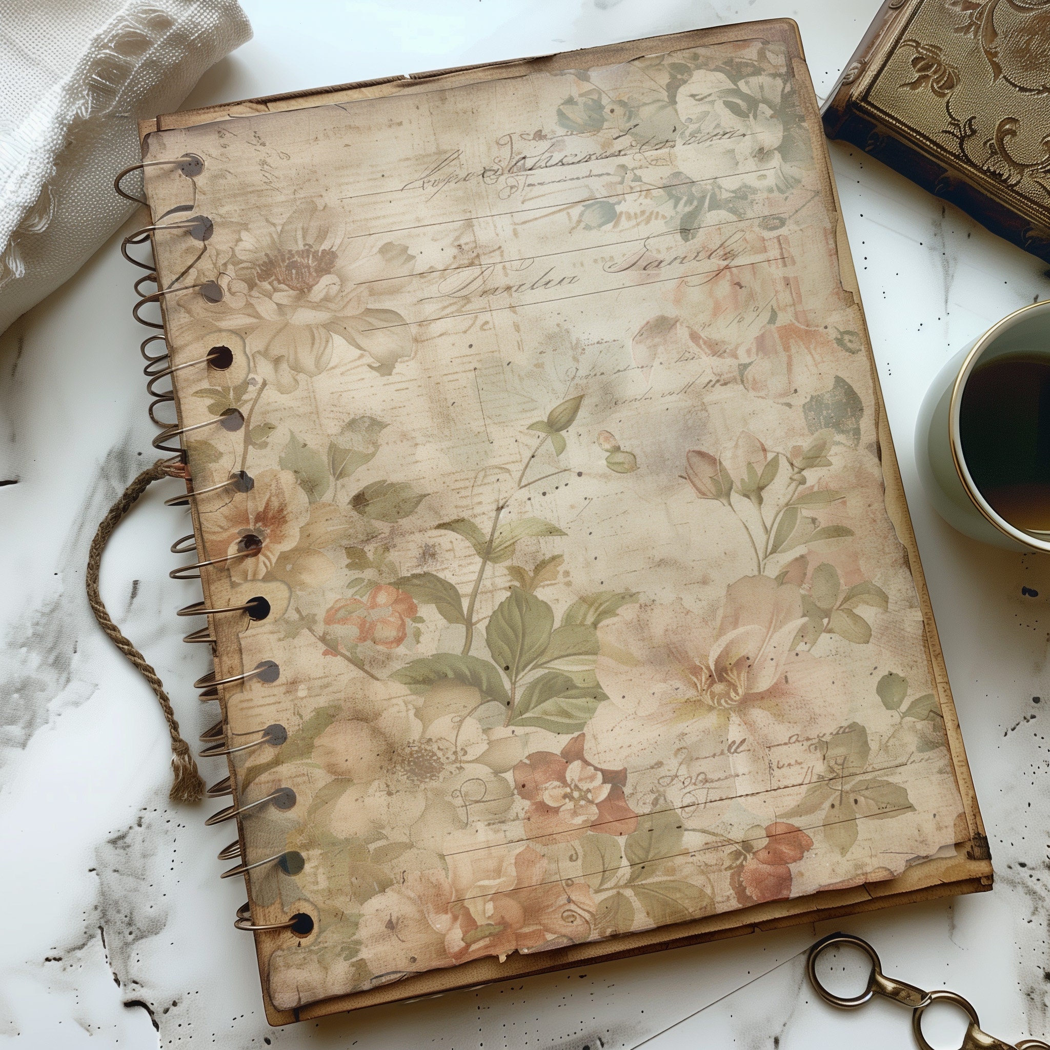 4 Vintage Floral Digital Papers Antique Script Background Junk Journal ...