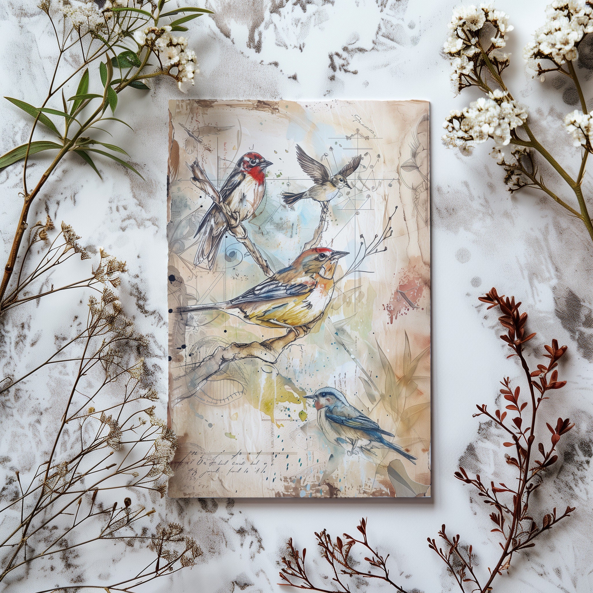 4 Vivid Avian Artwork Digital Sets Colorful Birds on Vintage Papers ...