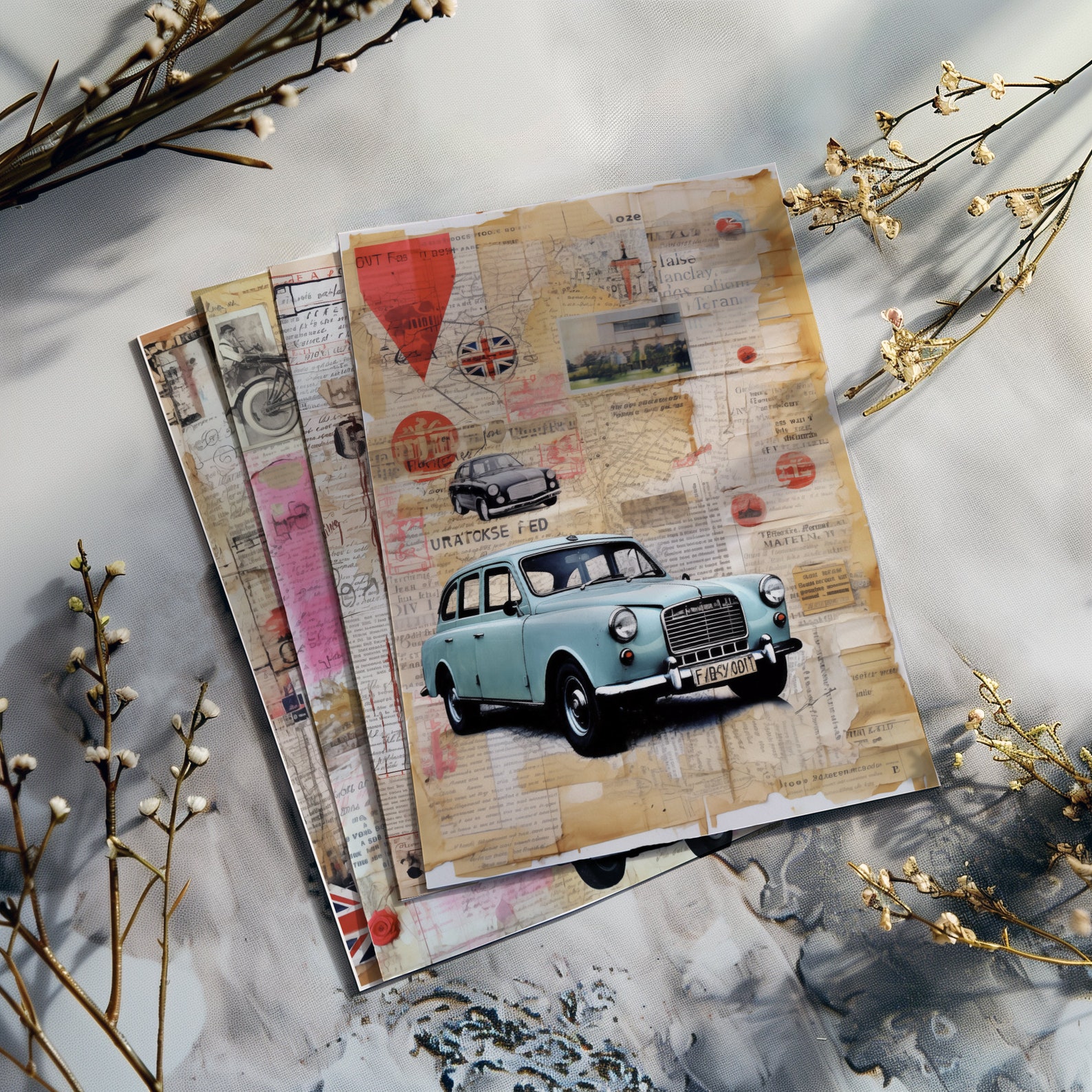 4 Vintage Travel Collages Digital Art British Theme Classic Cars Maps ...