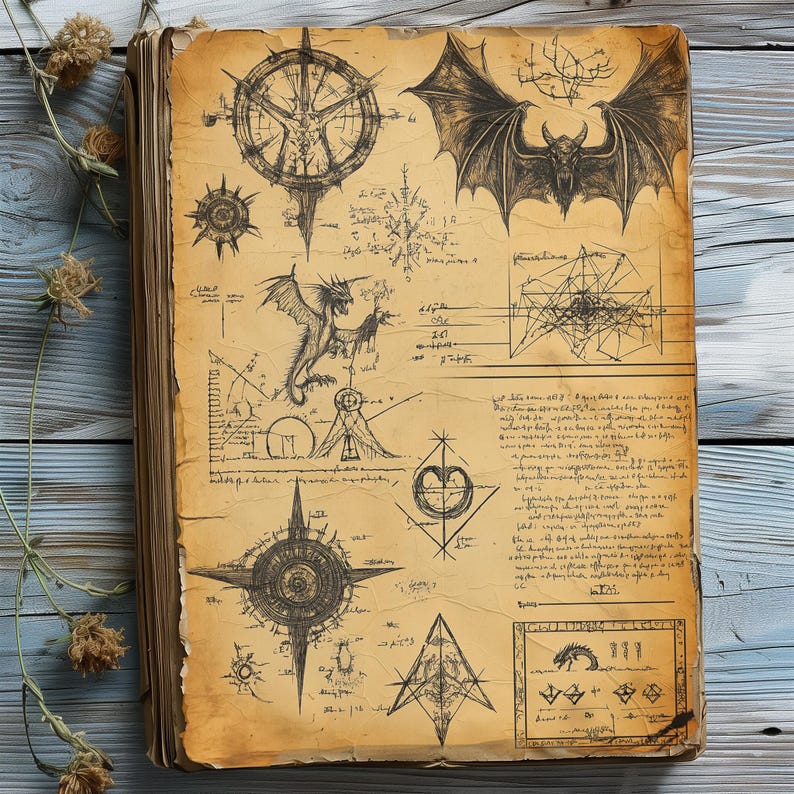 Vintage Dragon Sketch Journal Page Antique Alchemy Anatomy Drawing ...