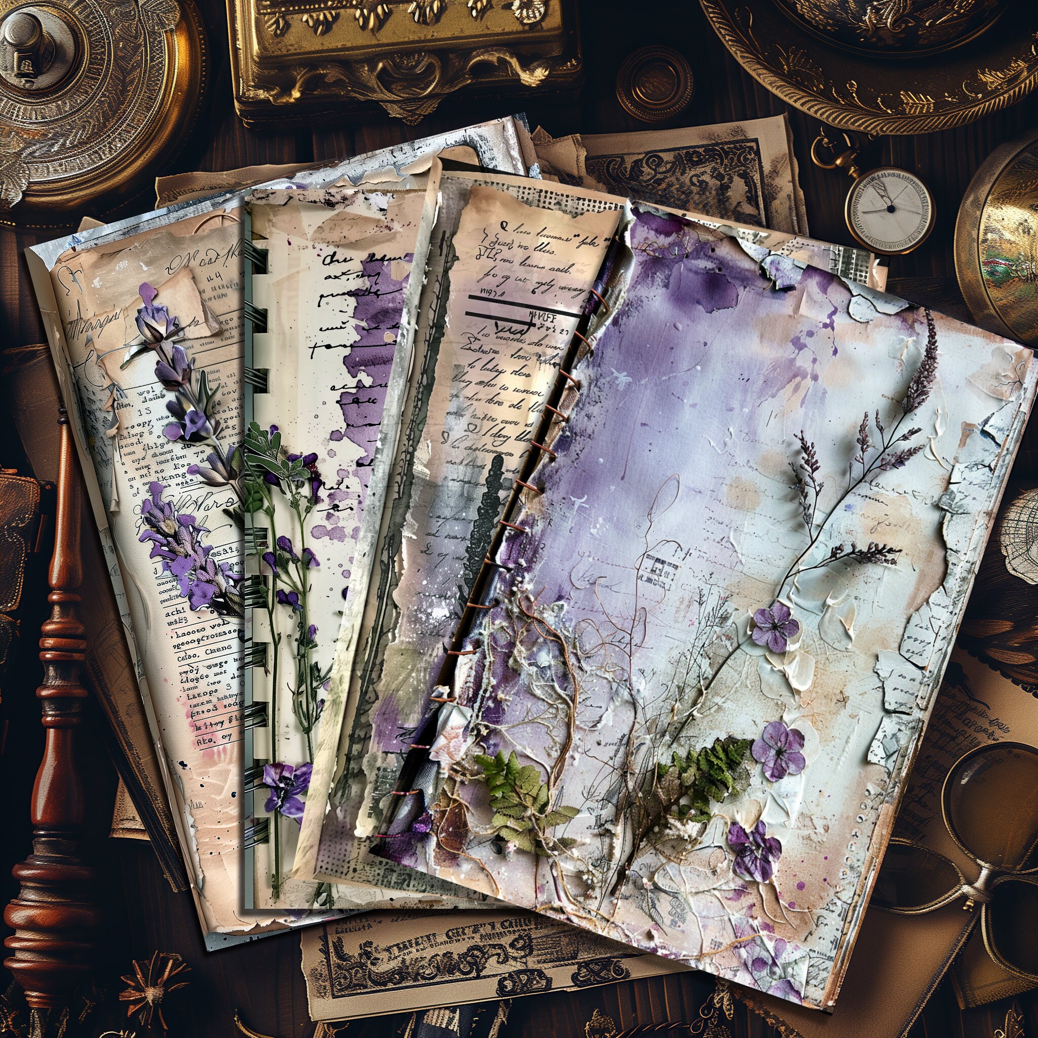4 Vintage Botanical Pages Junk Journal Digital Kit Unique Rustic Purple ...