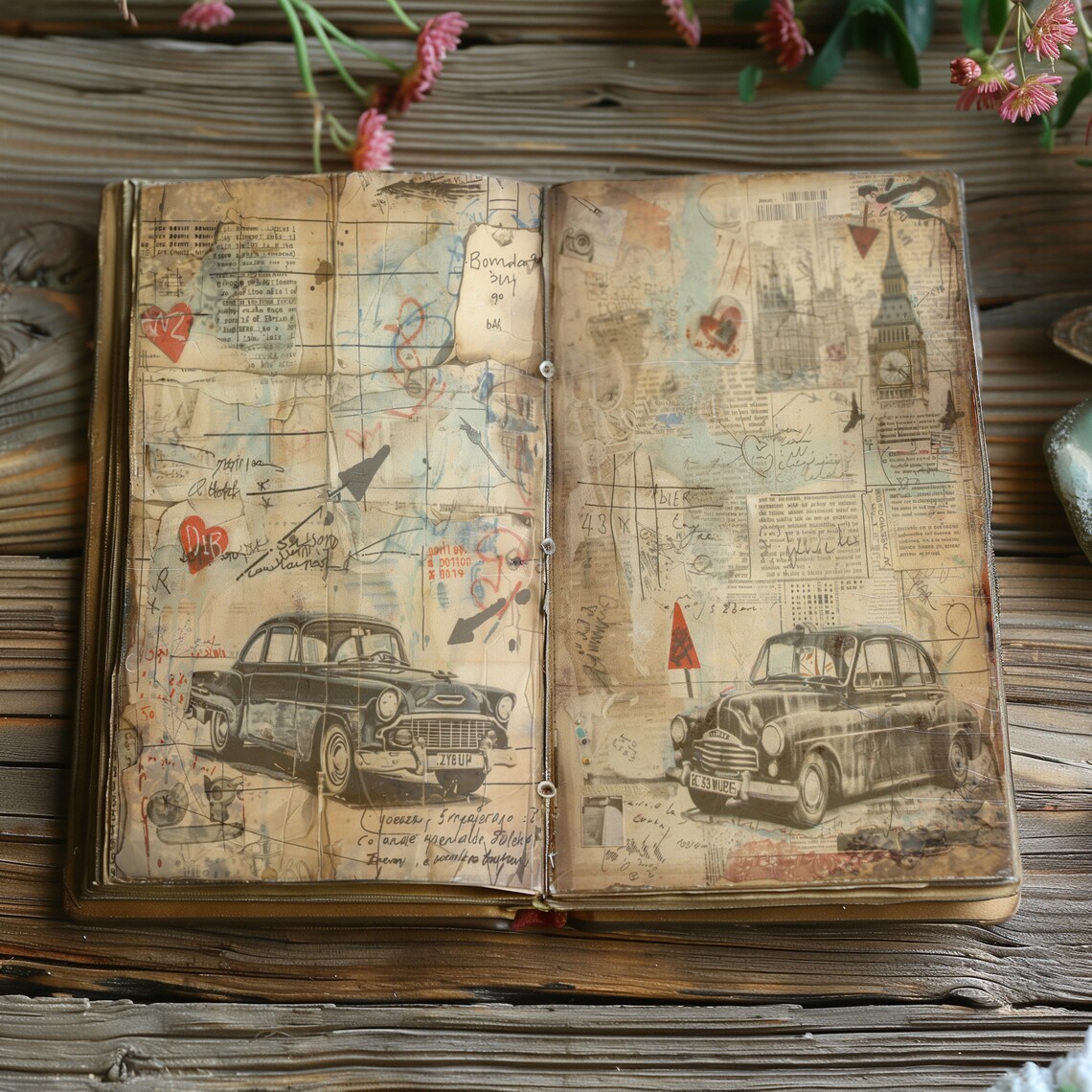 4 Vintage Car Mixed Media Collage Pages Digital Download Artistic Junk ...