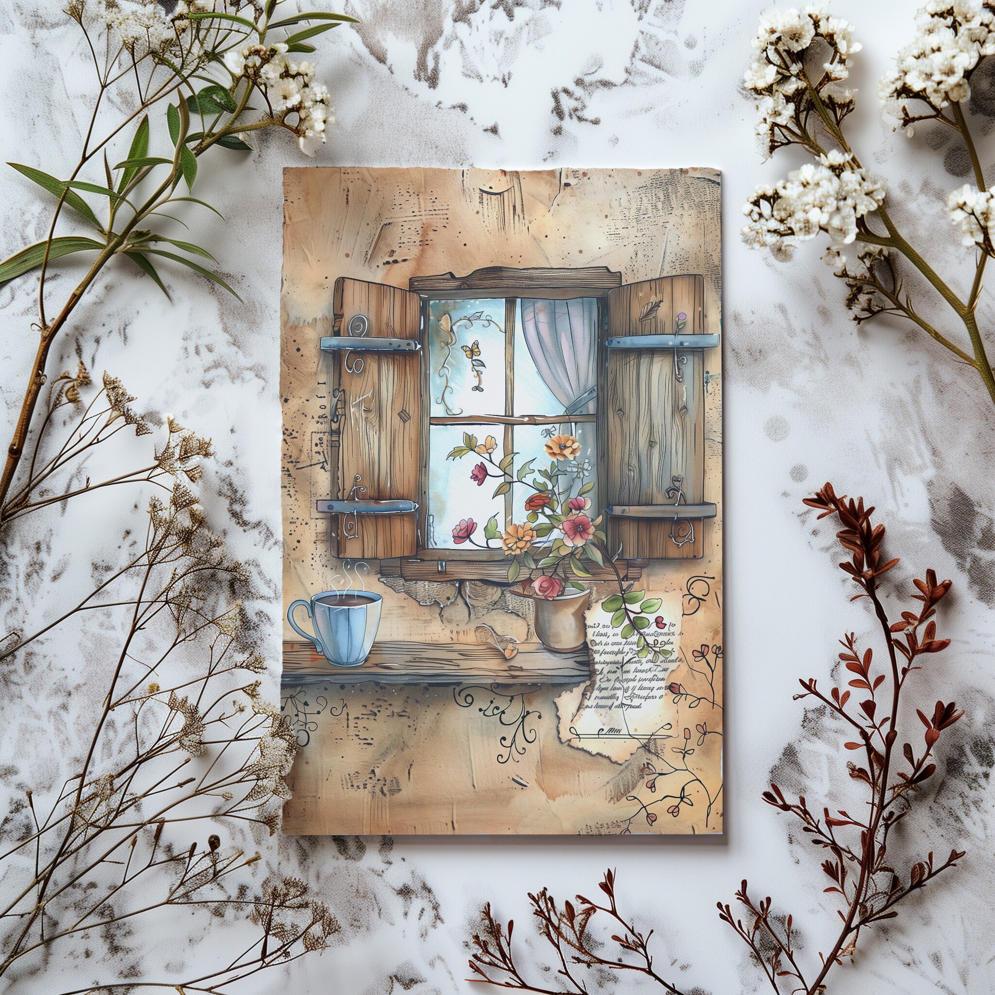 4 Cottage Charm Digital Artworks Floral Window Scene Relaxing Retreat ...