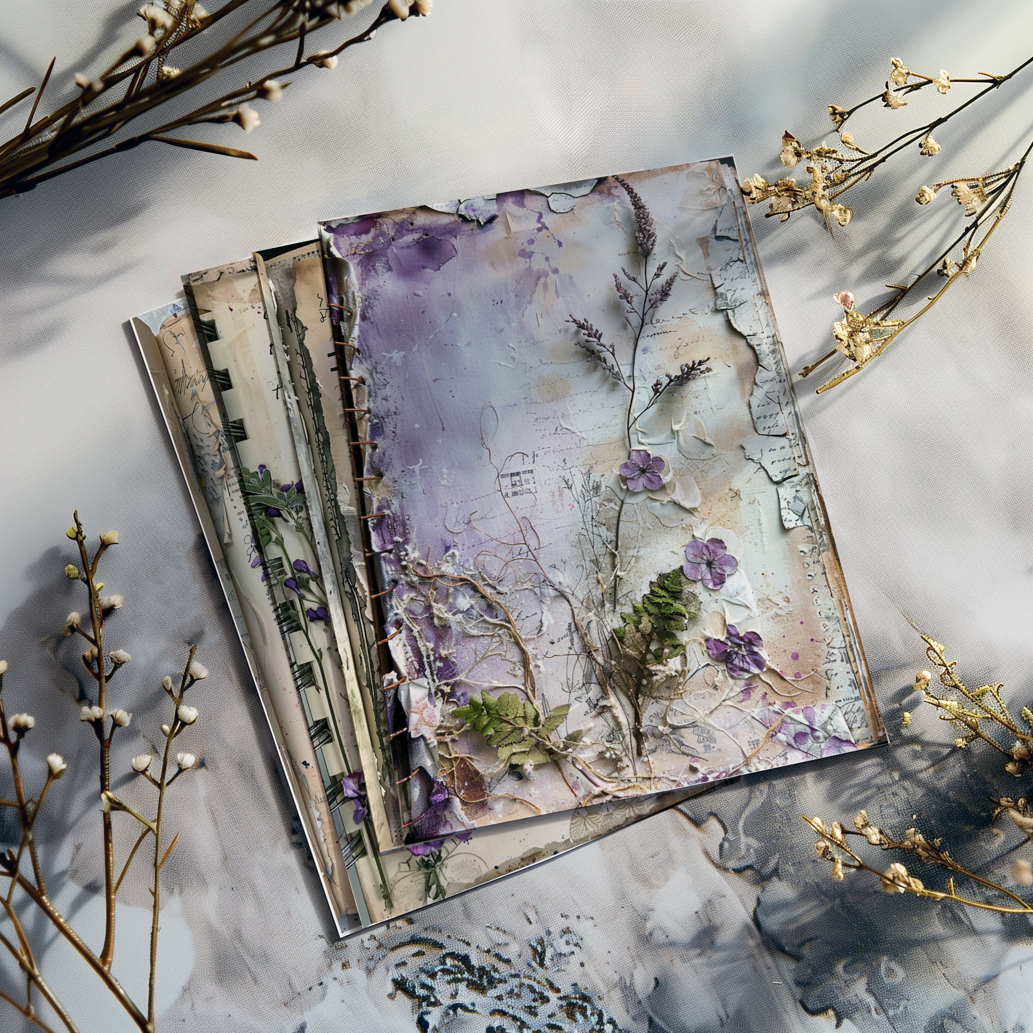 4 Vintage Botanical Pages Junk Journal Digital Kit Unique Rustic Purple ...