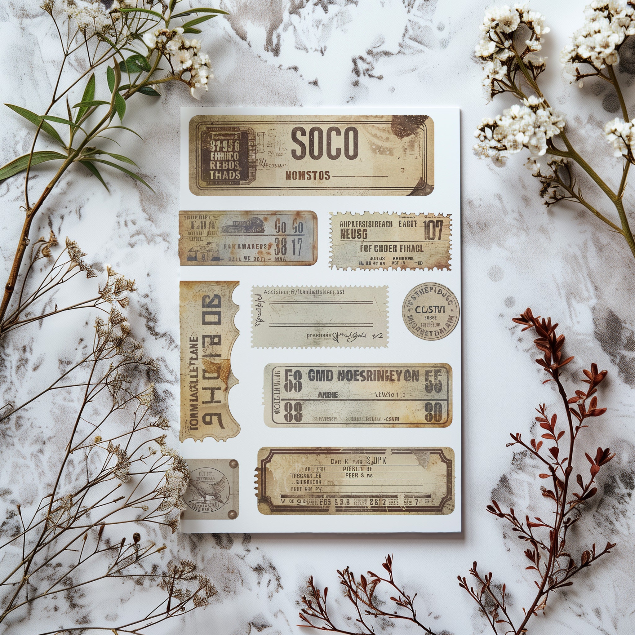 4 Distressed Industrial Tags Label Pages Vintage Numbered Ephemera Set ...