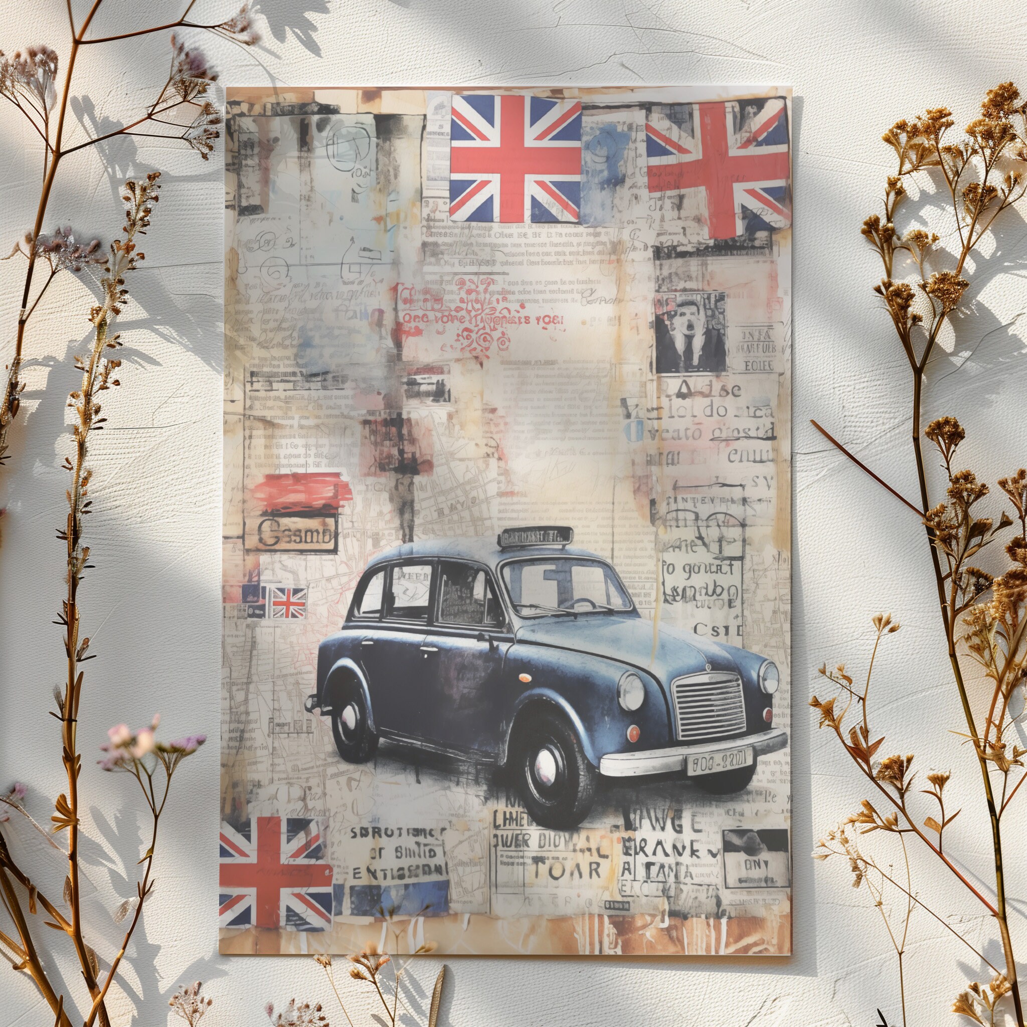 4 Vintage Travel Collages Digital Art British Theme Classic Cars Maps ...