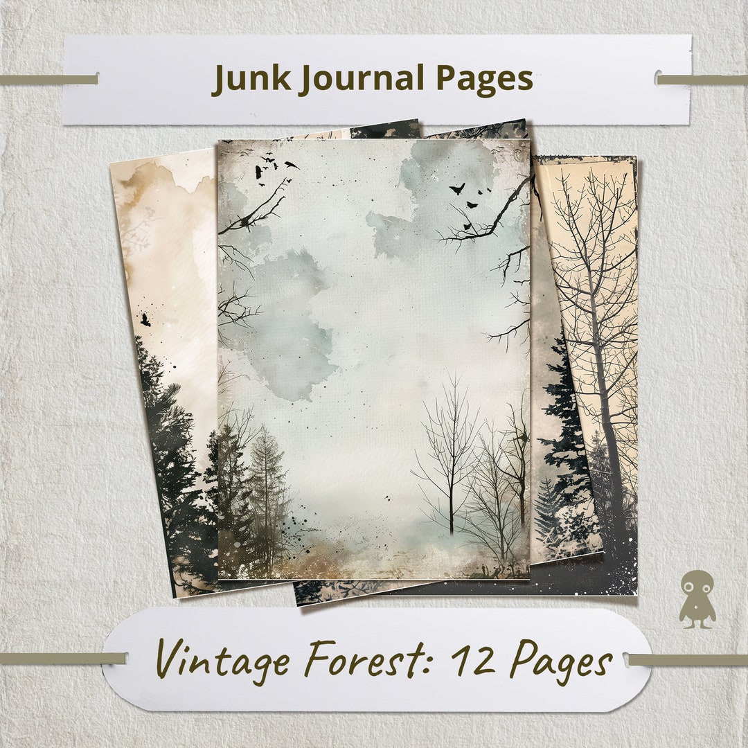 12 Vintage Forest Pages Paper Pack Crows and Pine Trees Aged Parchment ...