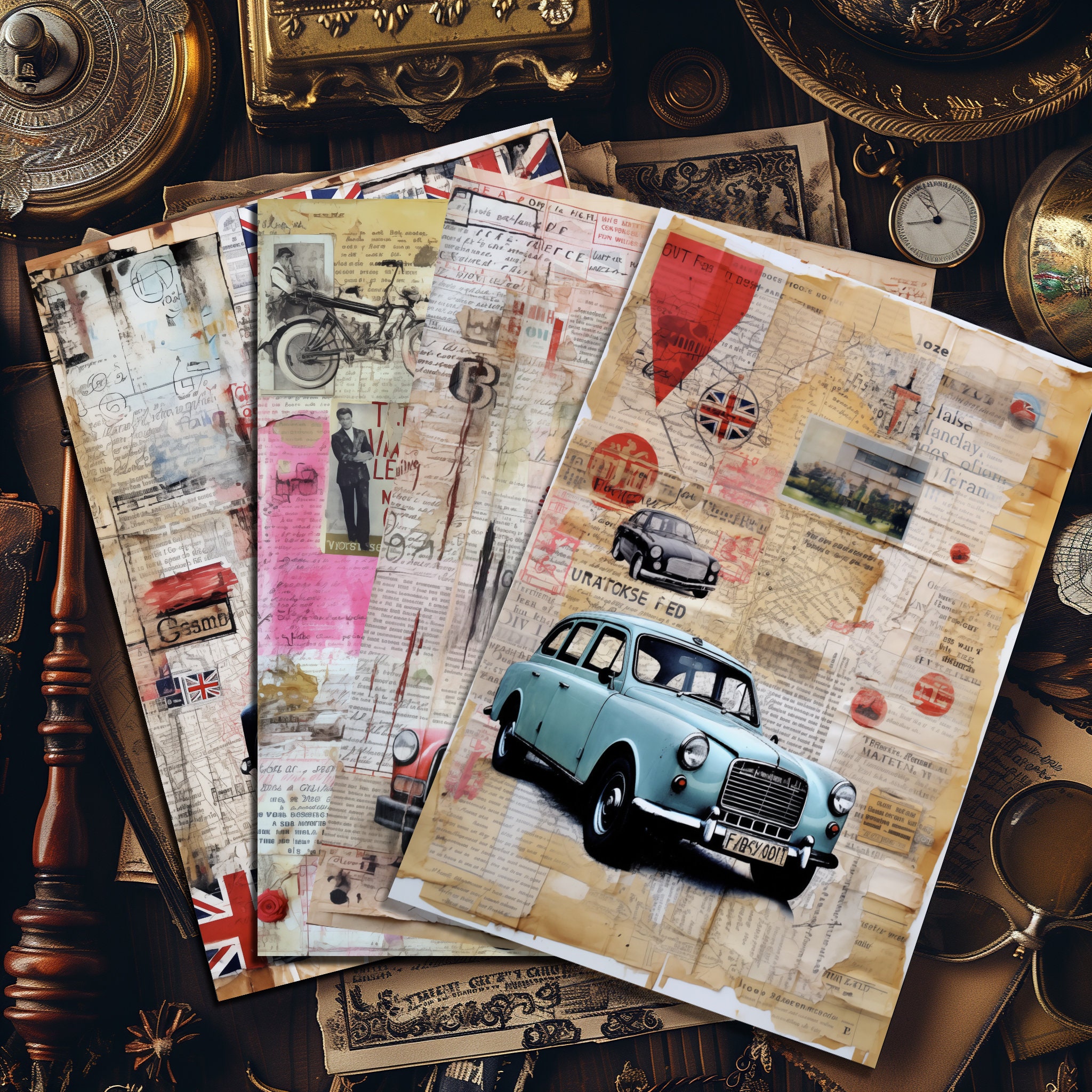 4 Vintage Travel Collages Digital Art British Theme Classic Cars Maps ...