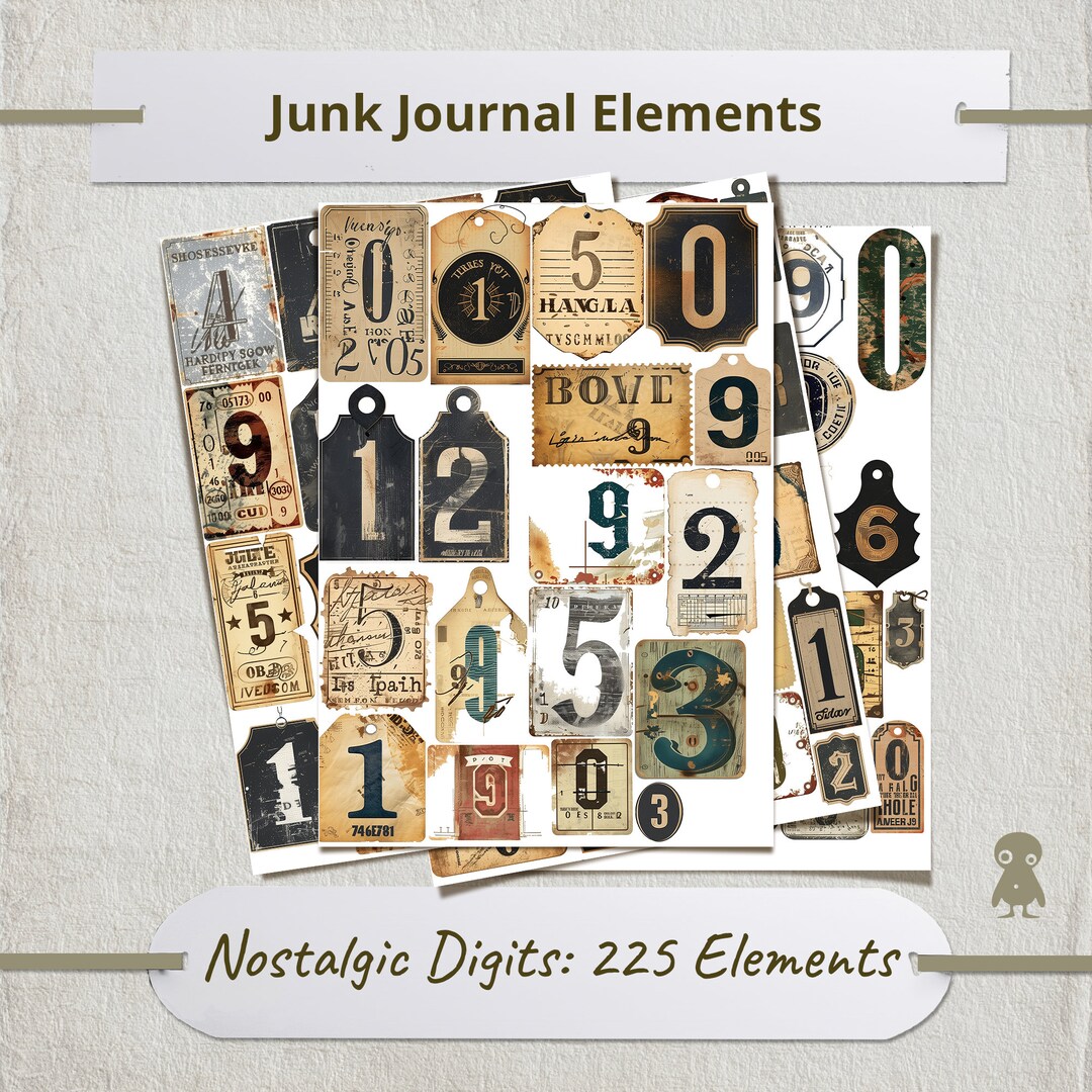 225 Nostalgic Digits Vintage Tag Printable Junk Journal Kit Distressed ...