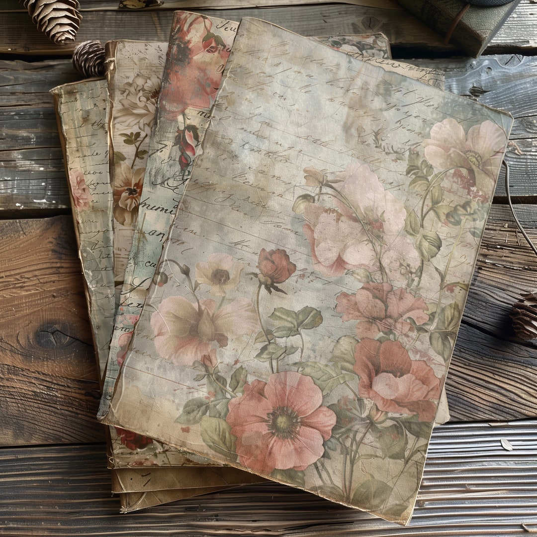 4 Vintage Floral Digital Papers Antique Script Background Junk Journal ...