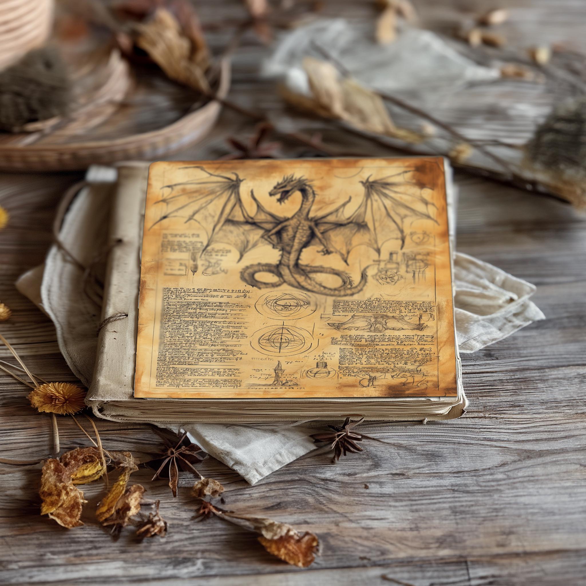 Vintage Dragon Sketch Journal Page Antique Alchemy Anatomy Drawing ...