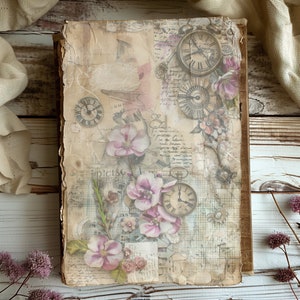 4 Vintage Clocks and Florals Junk Journal Pages Digital Kit ...