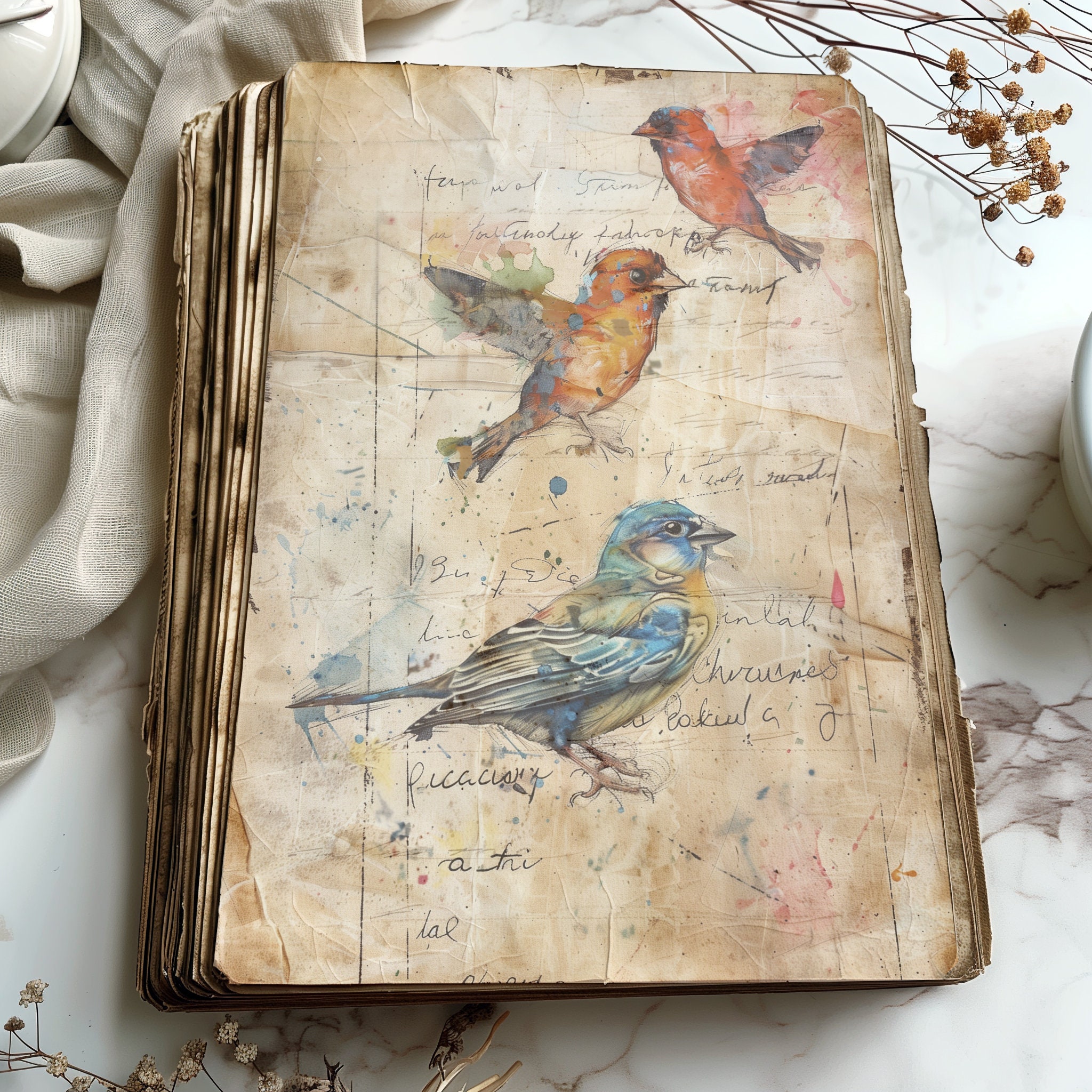 4 Vivid Avian Artwork Digital Sets Colorful Birds on Vintage Papers ...