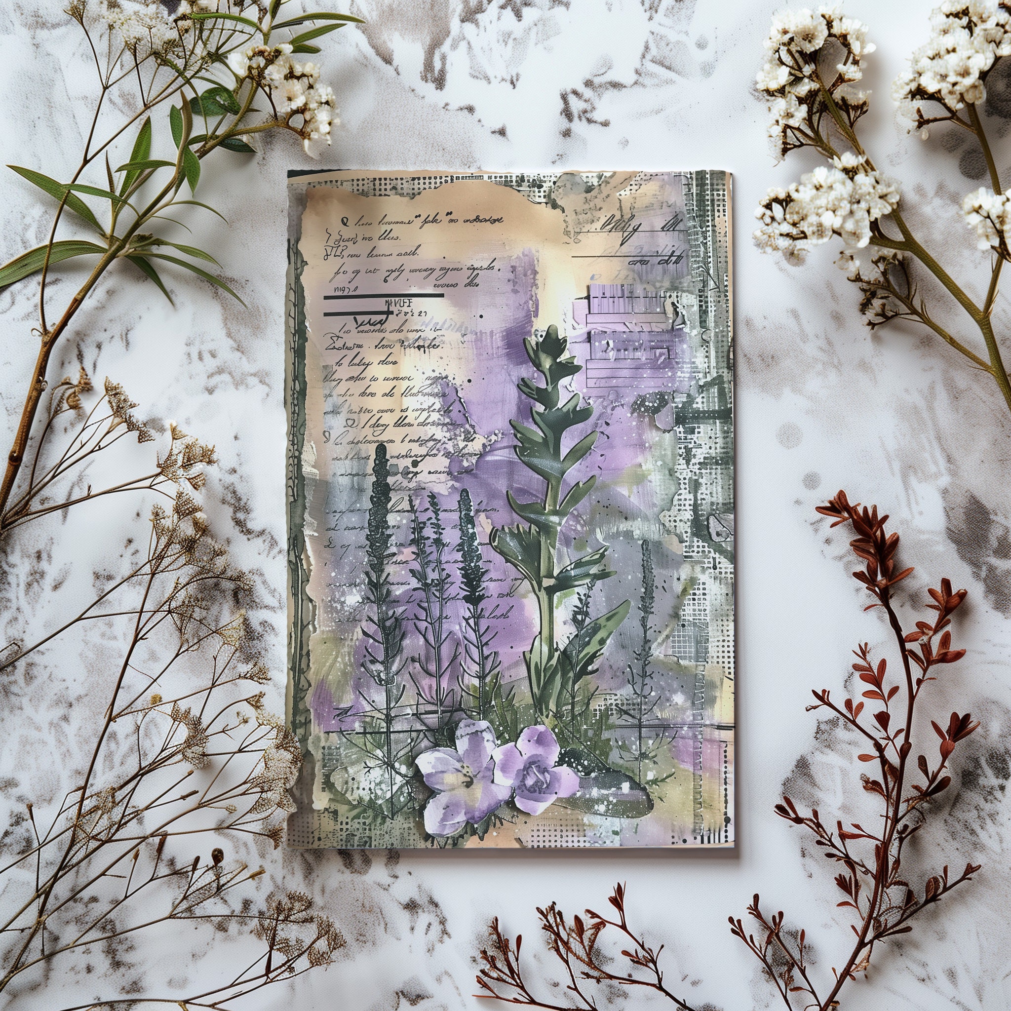 4 Vintage Botanical Pages Junk Journal Digital Kit Unique Rustic Purple ...