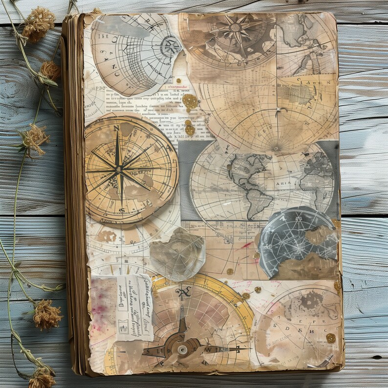 4 Old World Cartography Digital Papers, Vintage Globe and Compass ...