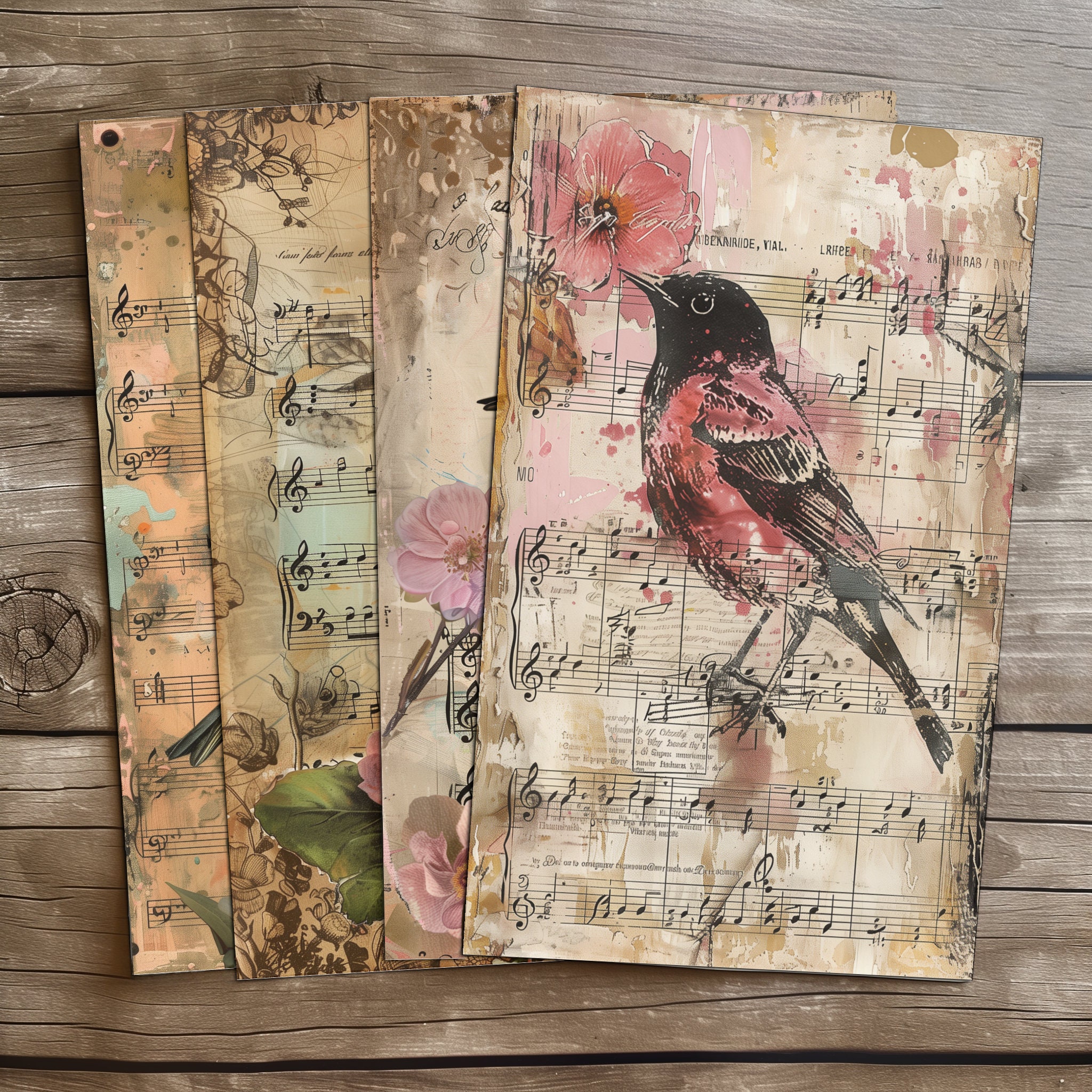 4 Melodic Bird & Blossom Series, Nostalgic 4-piece Set, Bird Print ...