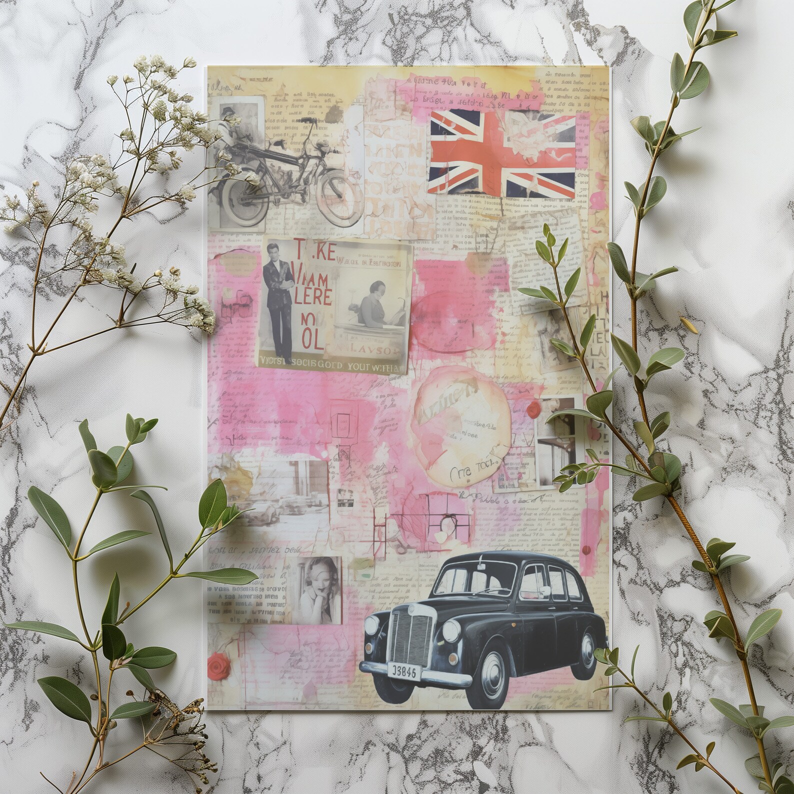 4 Vintage Travel Collages Digital Art British Theme Classic Cars Maps ...