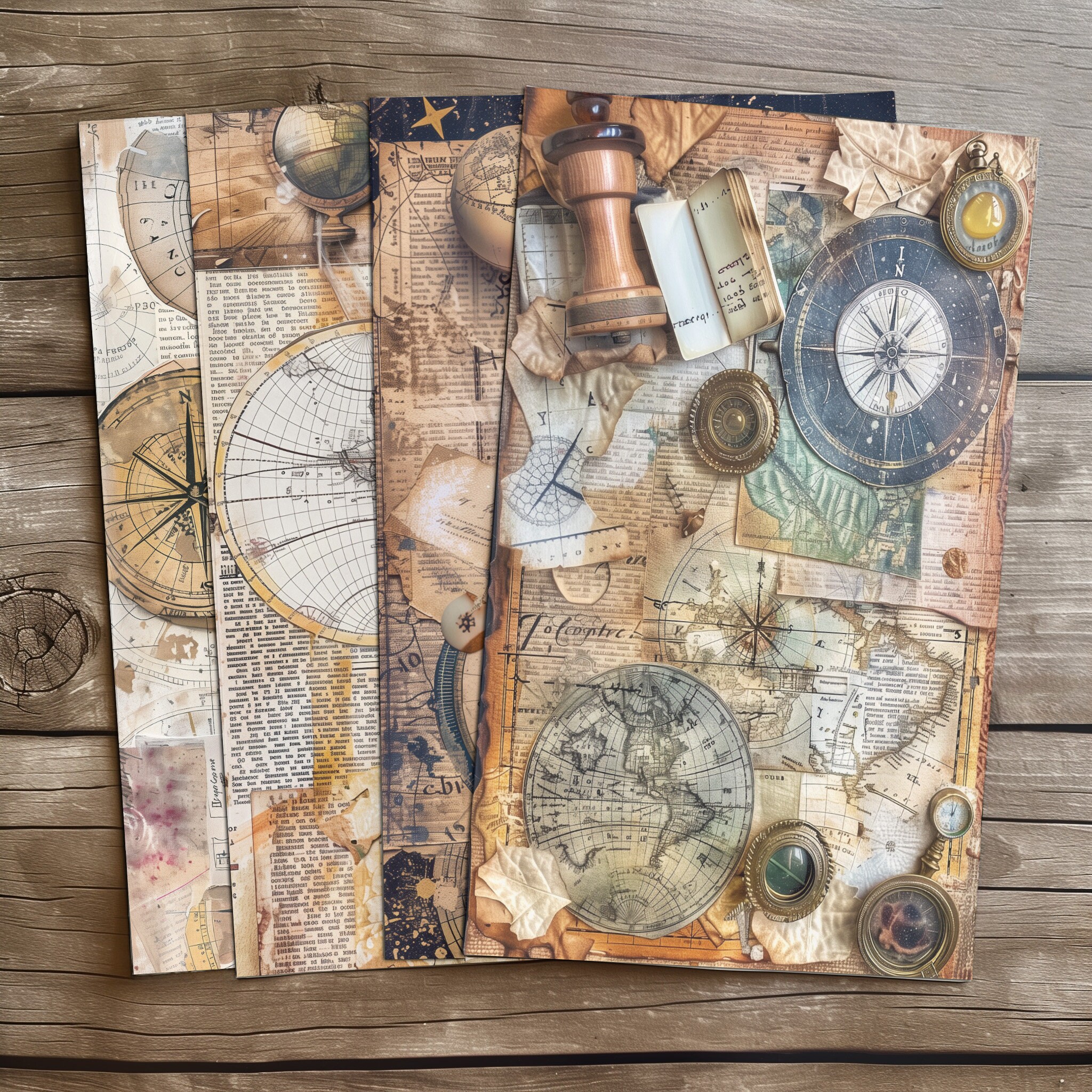 4 Old World Cartography Digital Papers, Vintage Globe and Compass ...